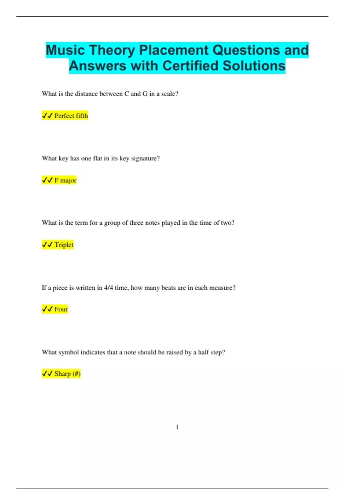 Music Theory Placement Questions and Answers with Certified Solutions ...
