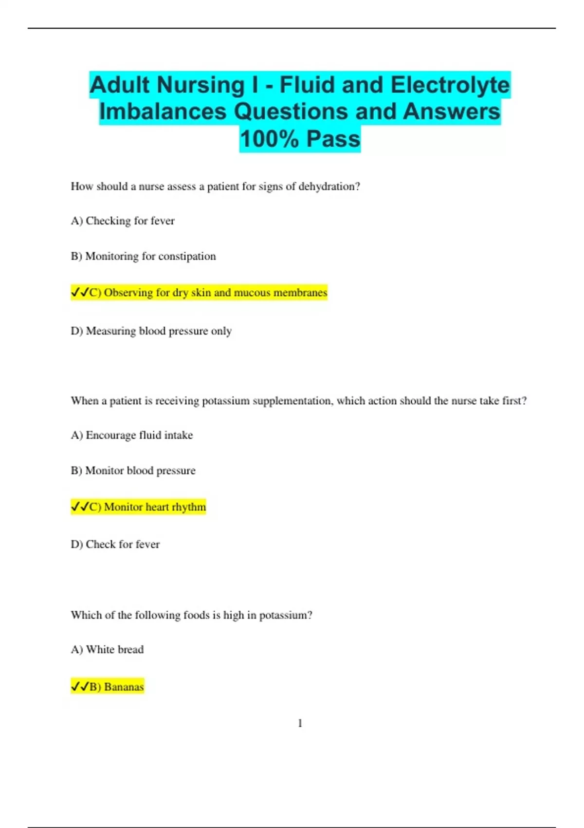 Adult Nursing I - Fluid and Electrolyte Imbalances Questions and ...