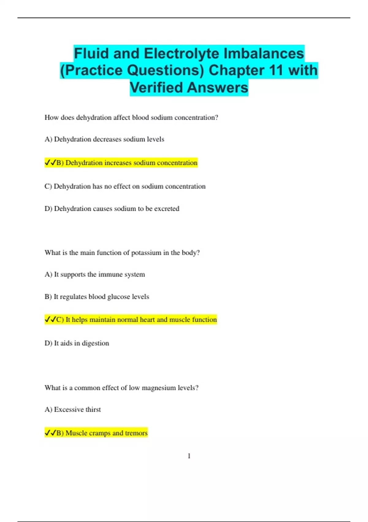 Fluid and Electrolyte Imbalances (Practice Questions) Chapter 11 with ...