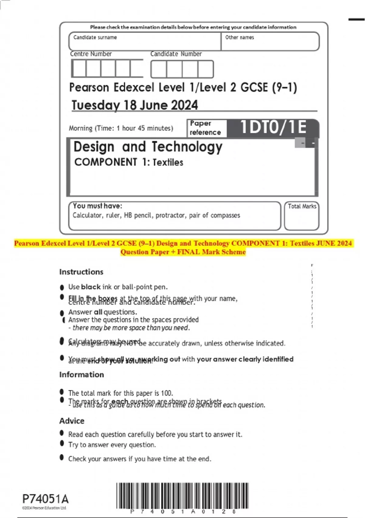 Pearson Edexcel Level 1/Level 2 GCSE (9–1) English LANGUAGE PAPER 1 ...