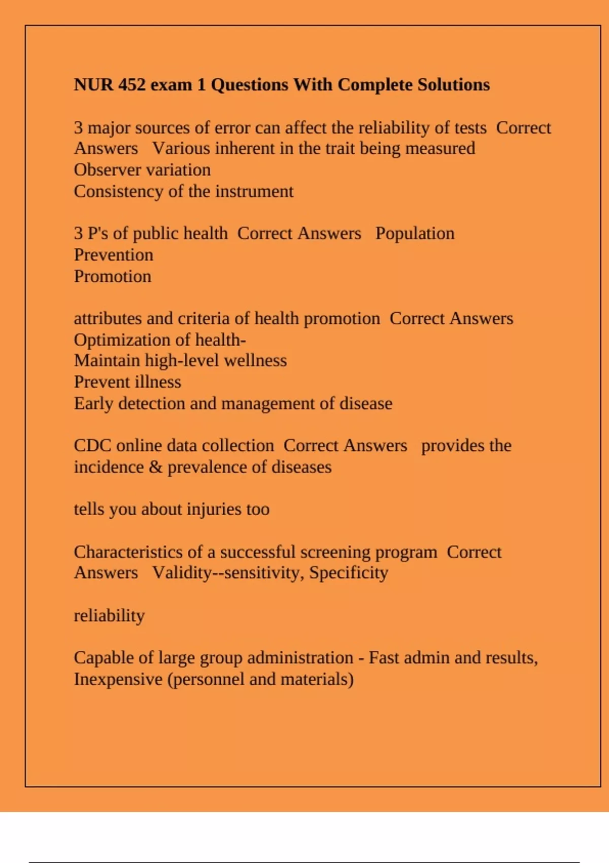 NUR 452 exam 1 Questions With Complete Solutions - NUR 452 - Stuvia US