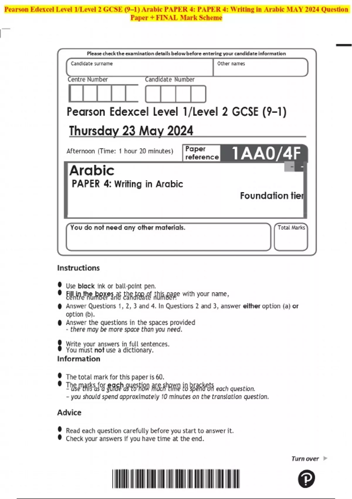 Pearson Edexcel Level 1/Level 2 GCSE (9–1) Arabic PAPER 4: PAPER 4 ...