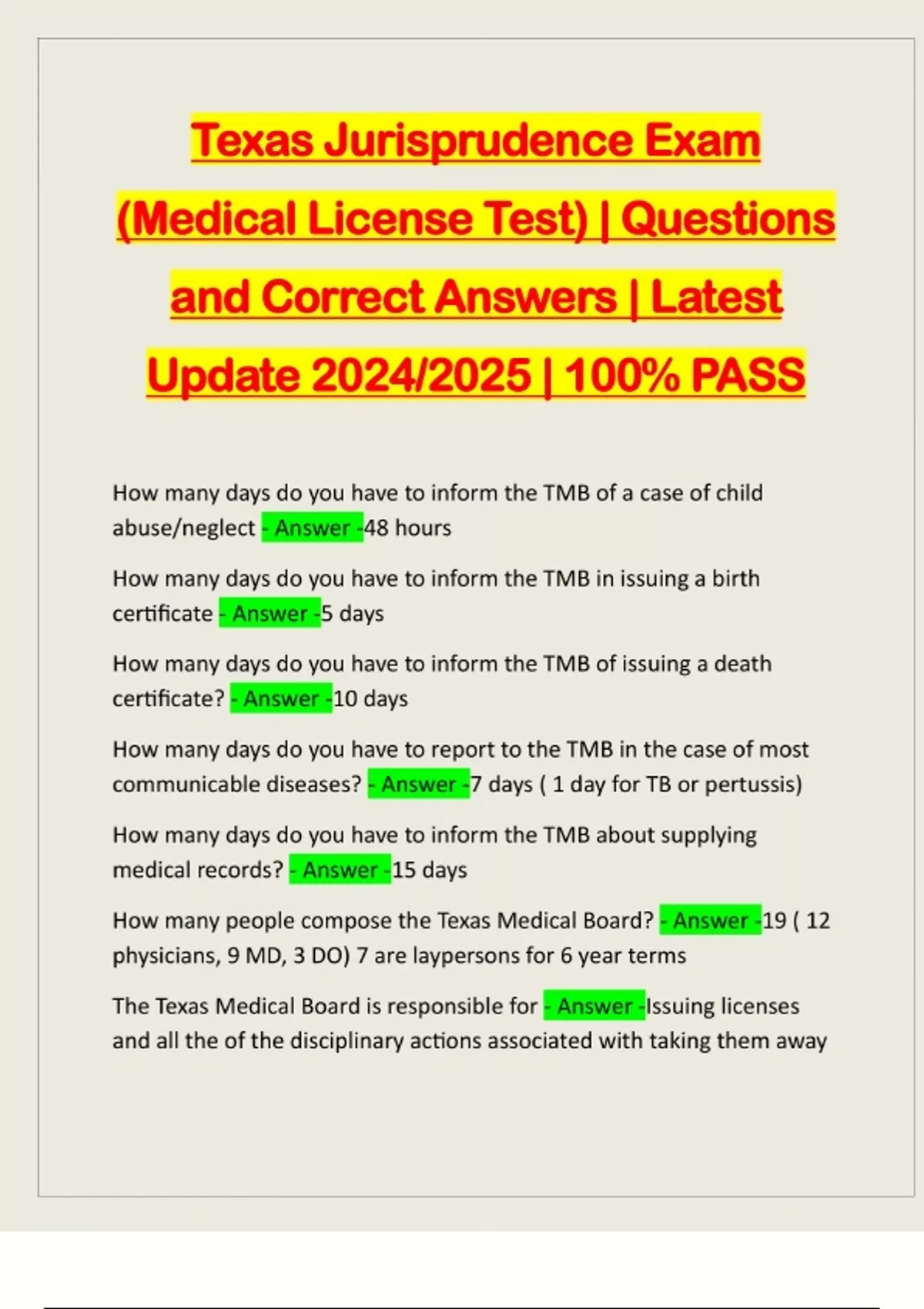 Texas Jurisprudence Exam (Medical License Test) | Questions and Correct ...