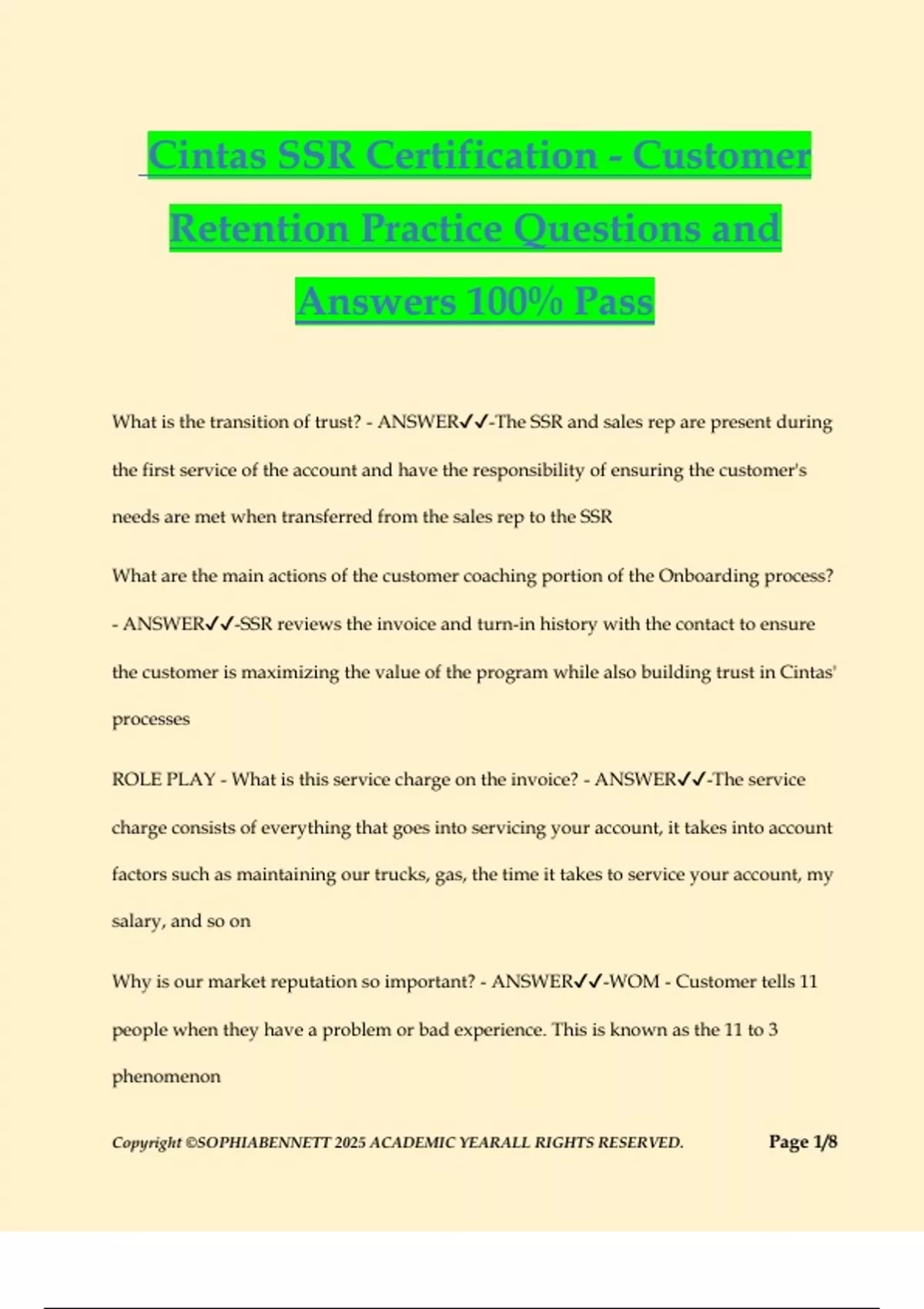 Cintas SSR Certification - Customer Retention Practice Questions and ...