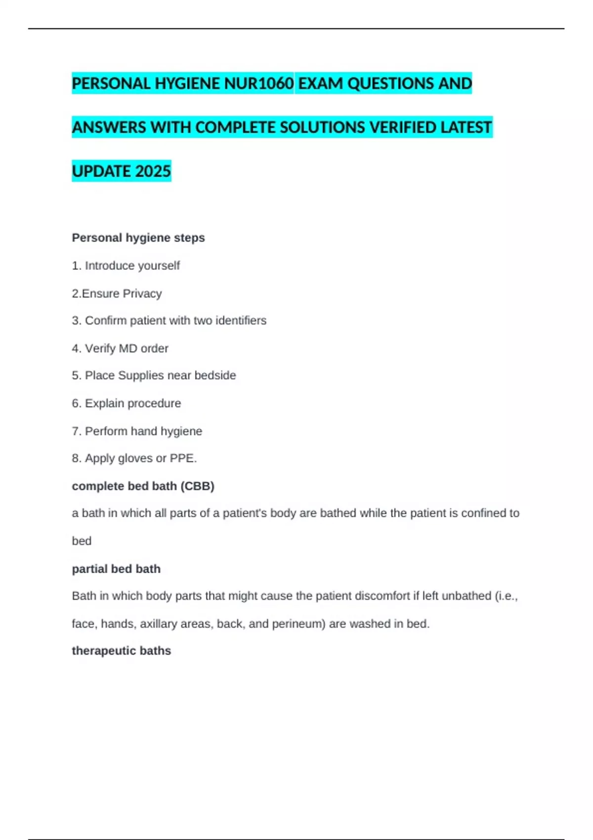 PERSONAL HYGIENE NUR1060 EXAM QUESTIONS AND ANSWERS WITH COMPLETE ...