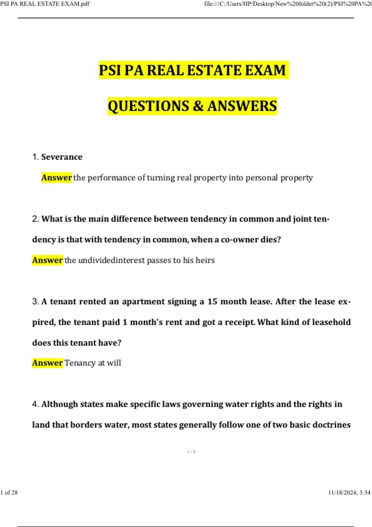PSI PA REAL ESTATE EXAM (2024 / 2025) Actual Questions and Verified ...