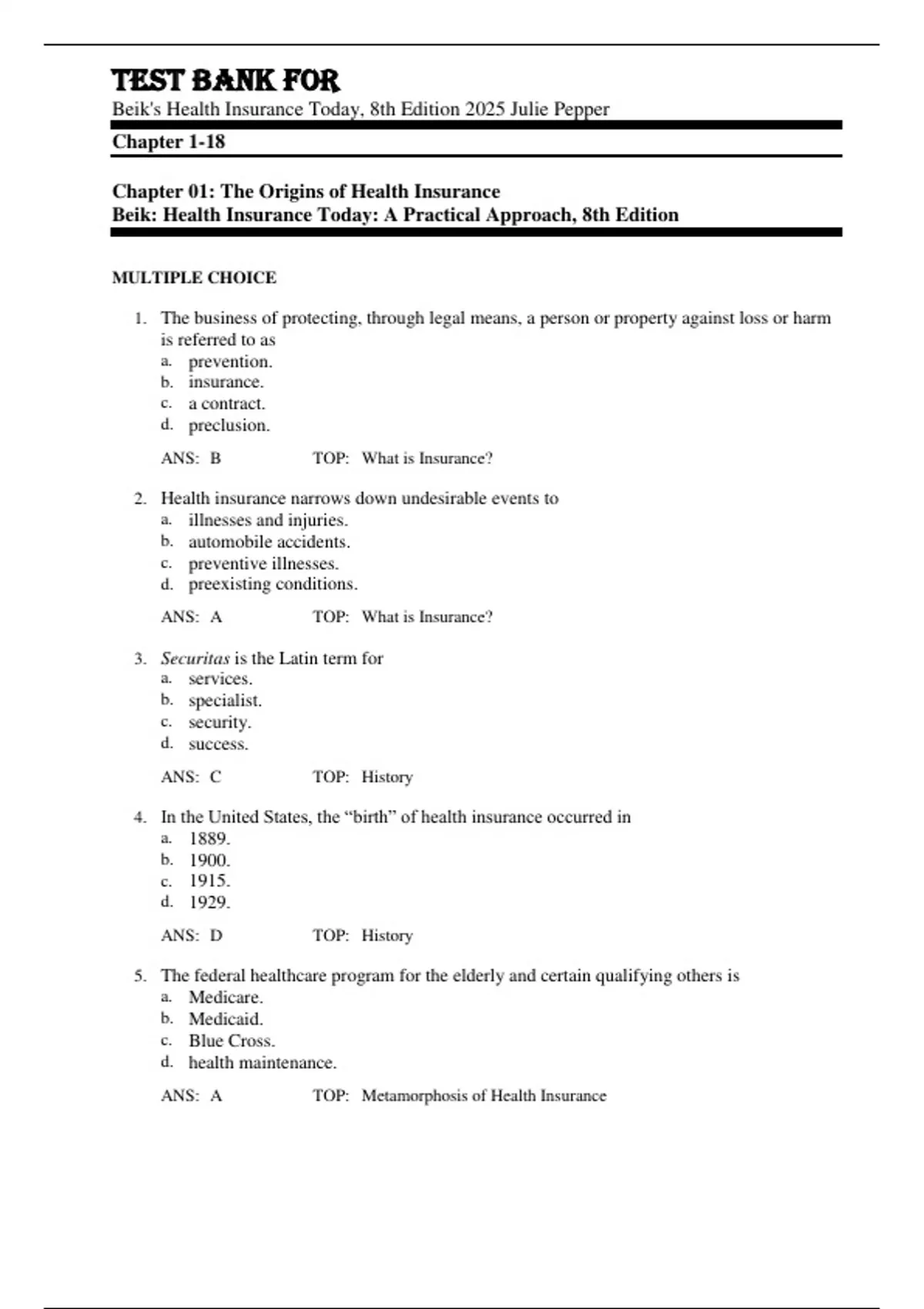 Test Bank For Beik-s Health Insurance Today, 8th Edition by Julie ...