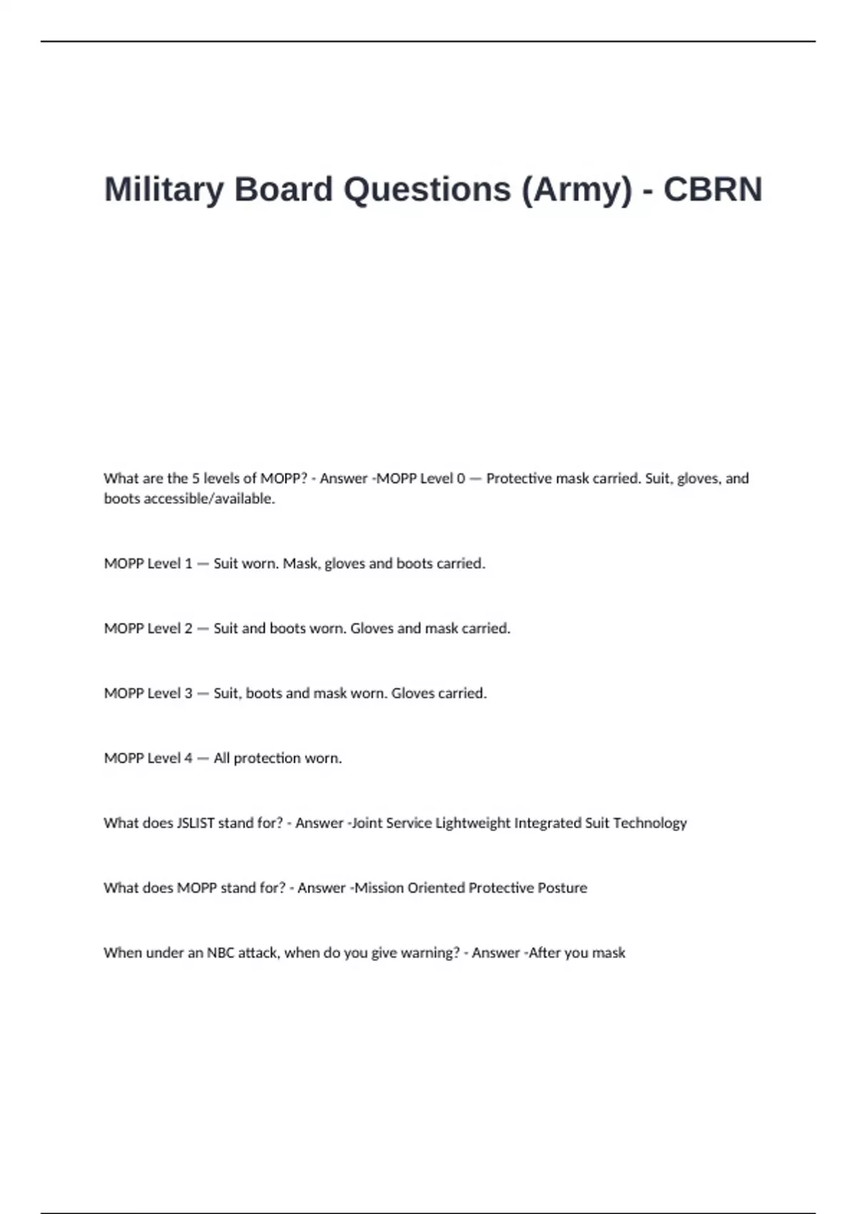 Military Board Questions (Army) - CBRN - Army Board - Stuvia US