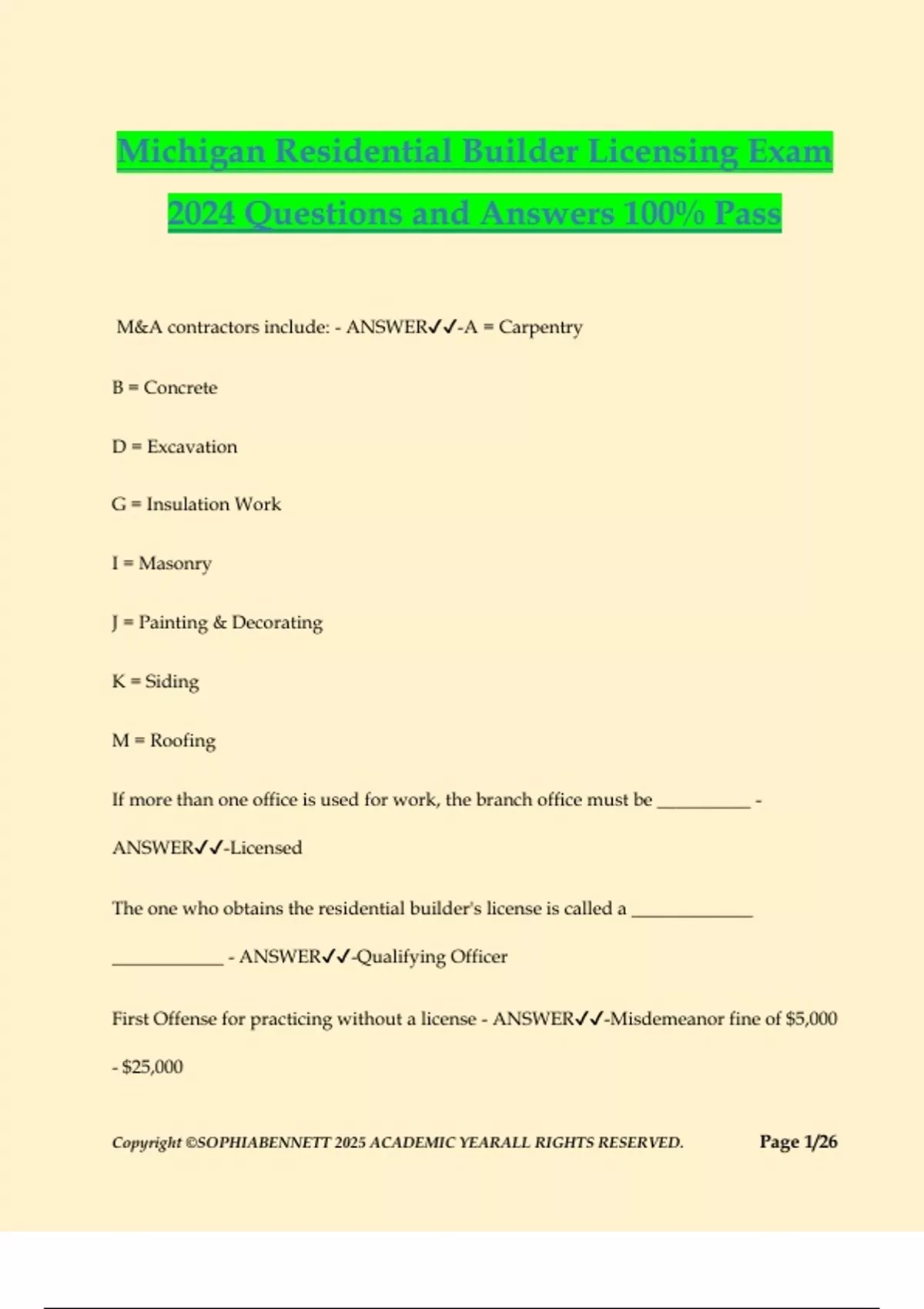 Michigan Residential Builder Licensing Exam 2024 Questions and Answers ...