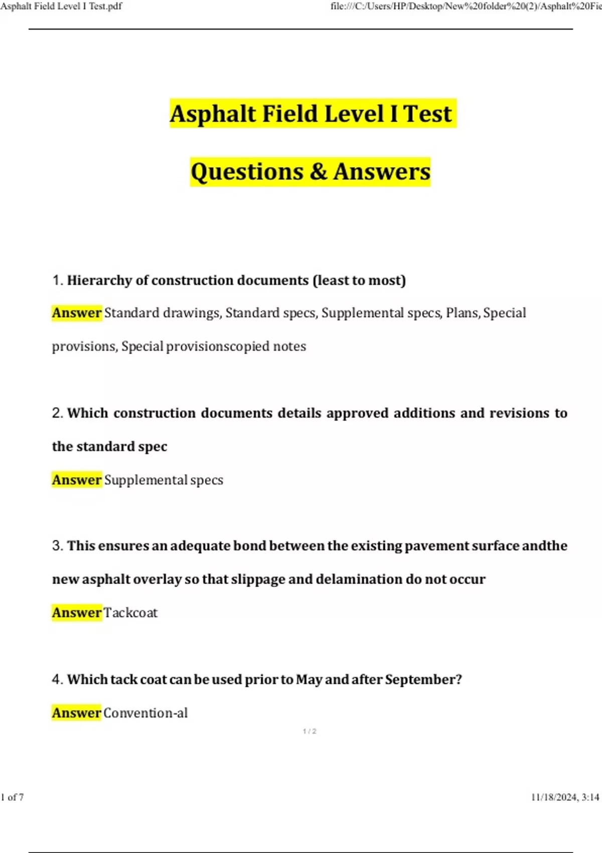 Asphalt Field Level I Test (2024 / 2025) Actual Questions and Verified ...