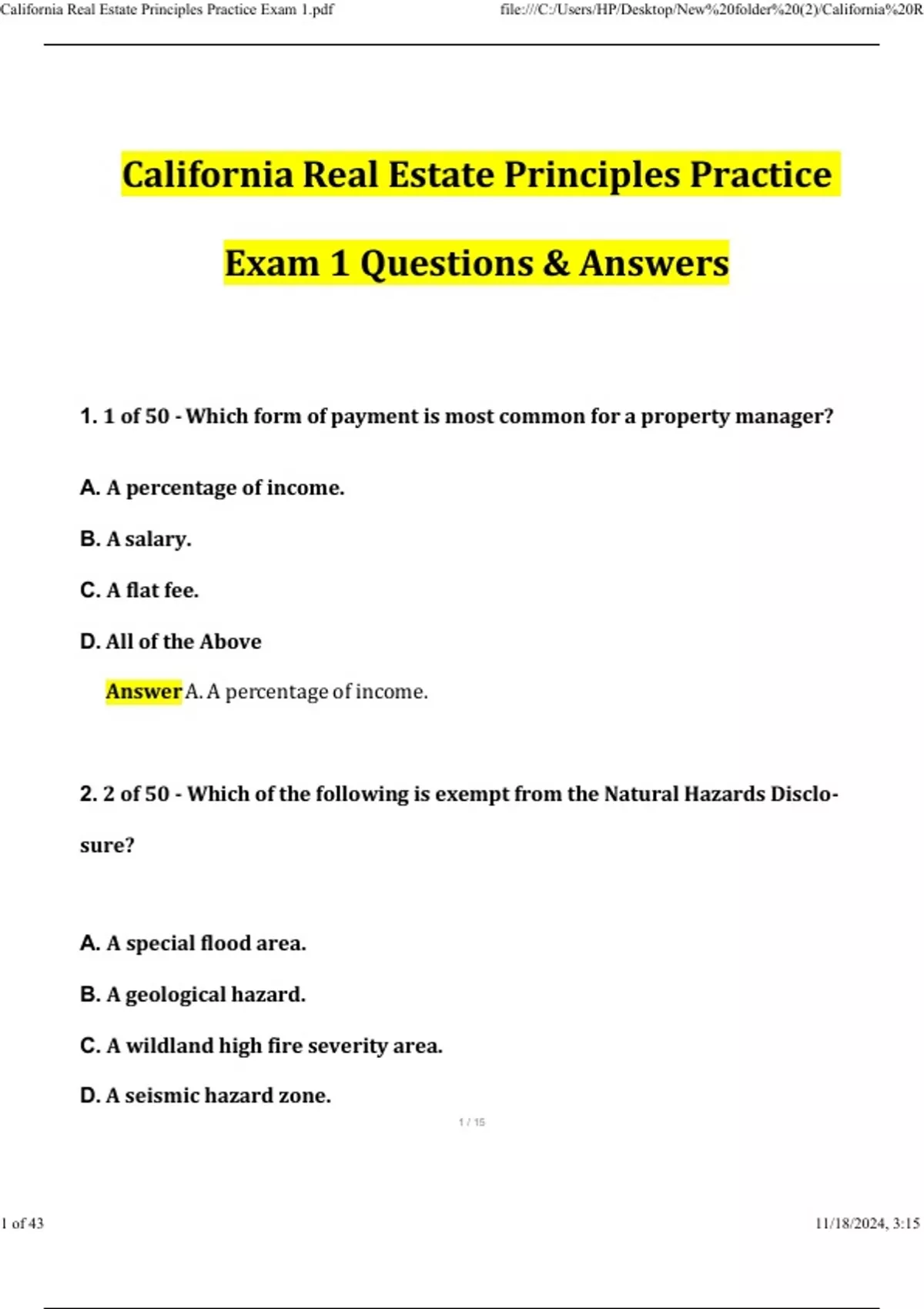 California Real Estate Principles Practice Exam 1 (2024 / 2025) Actual ...