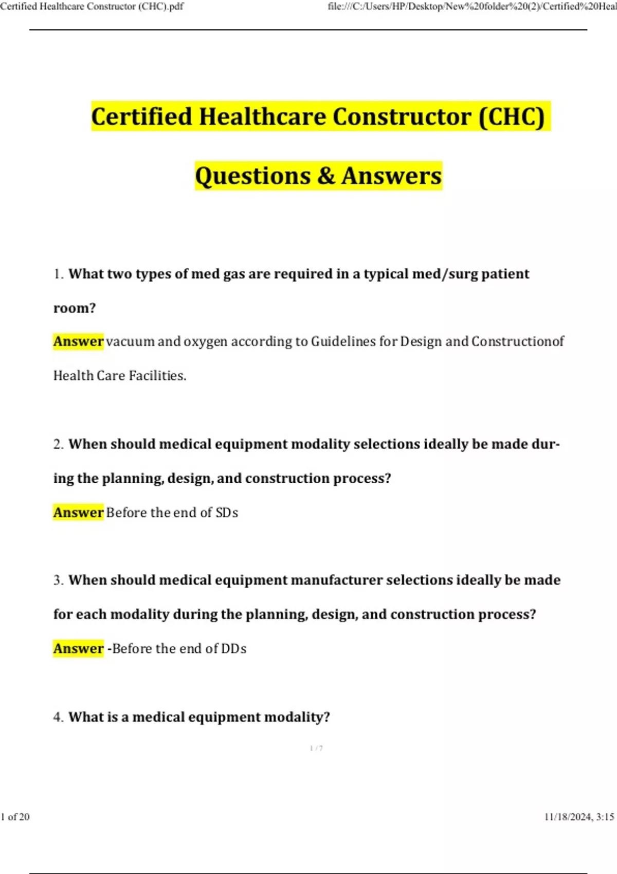 CHC Certified Healthcare Constructor (CHC) (2024 / 2025) Actual ...