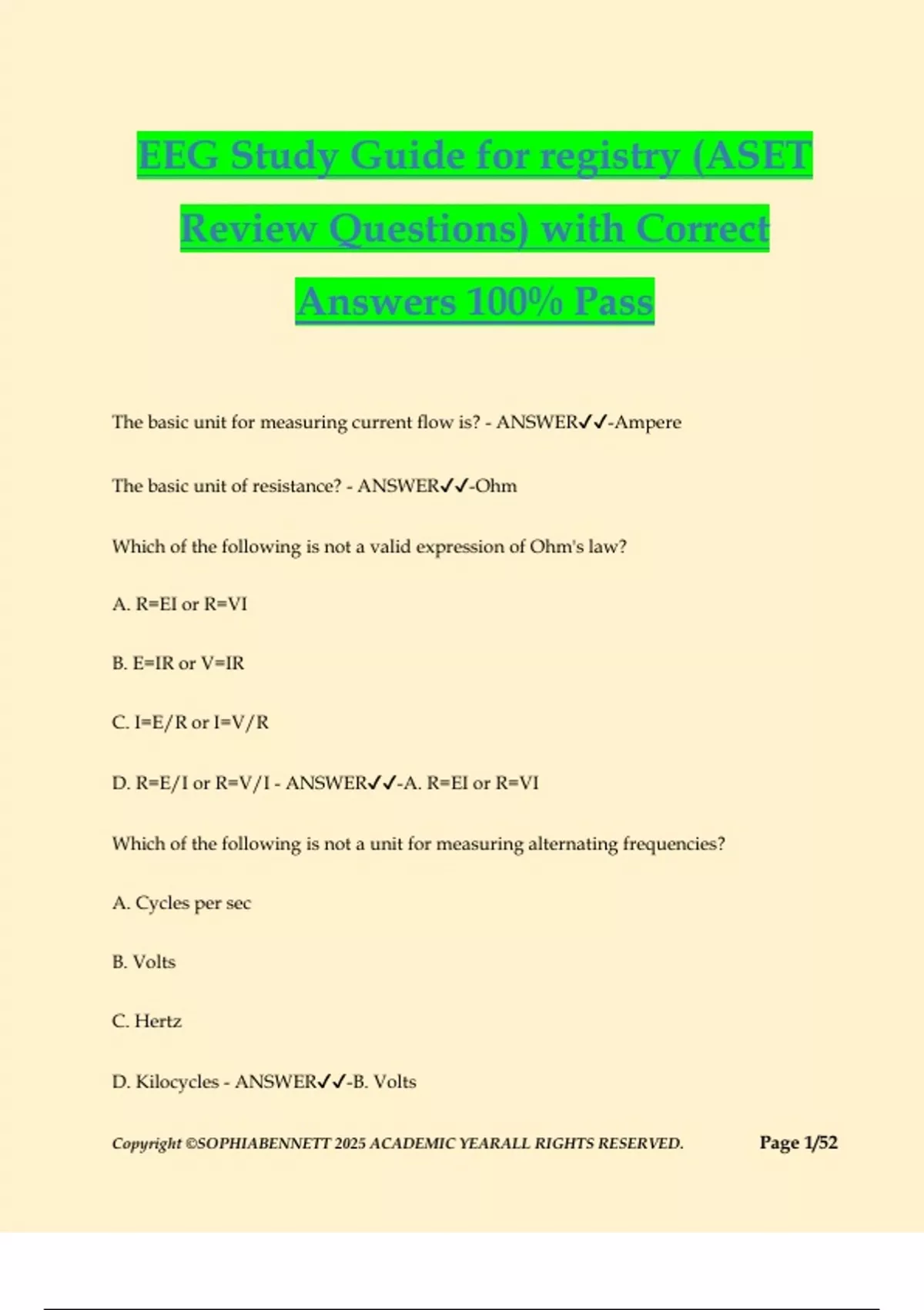 EEG Study Guide for registry (ASET Review Questions) with Correct ...