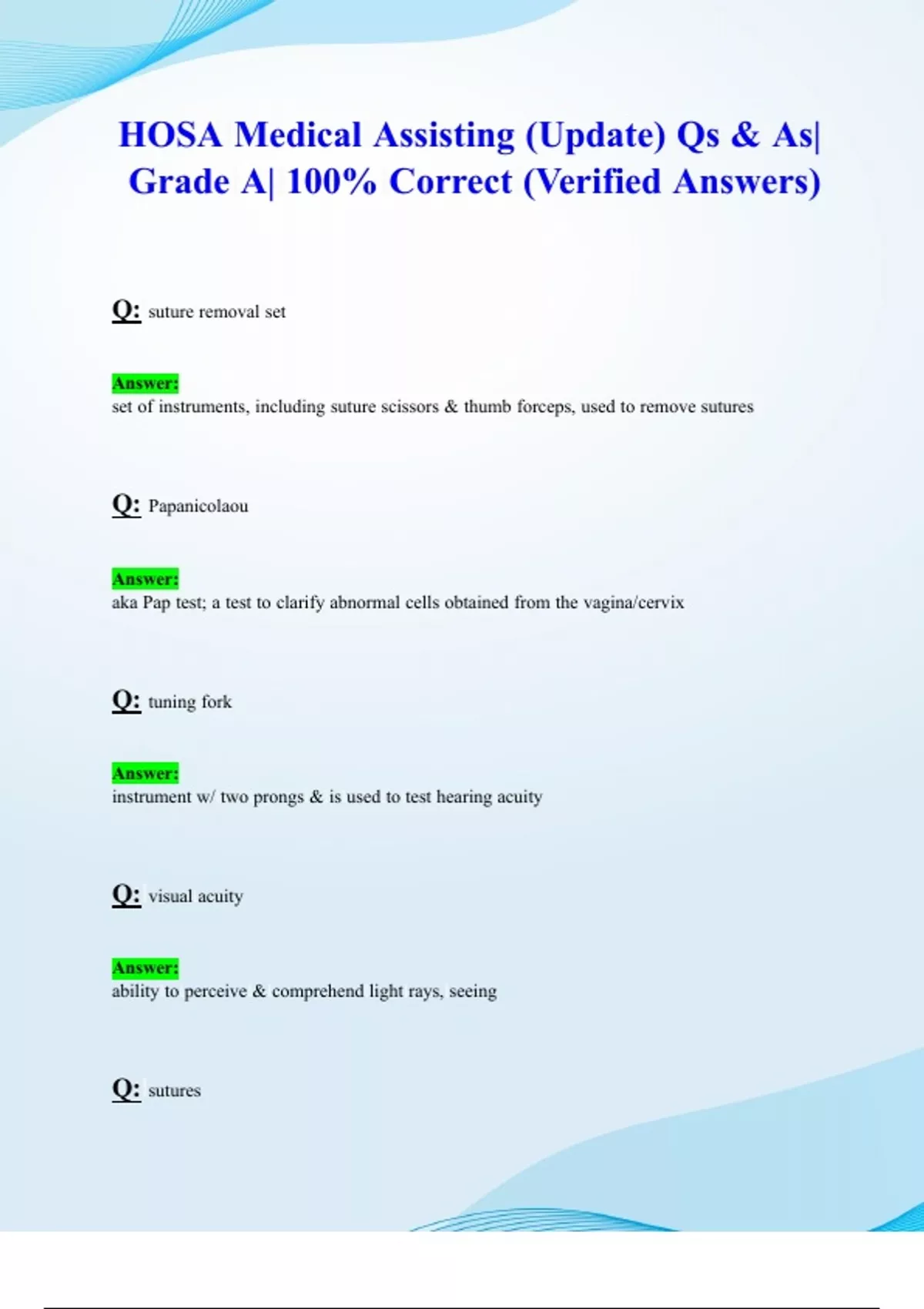 HOSA Medical Assisting (2024/ 2025 Update) Qs & As| Grade A| 100% ...