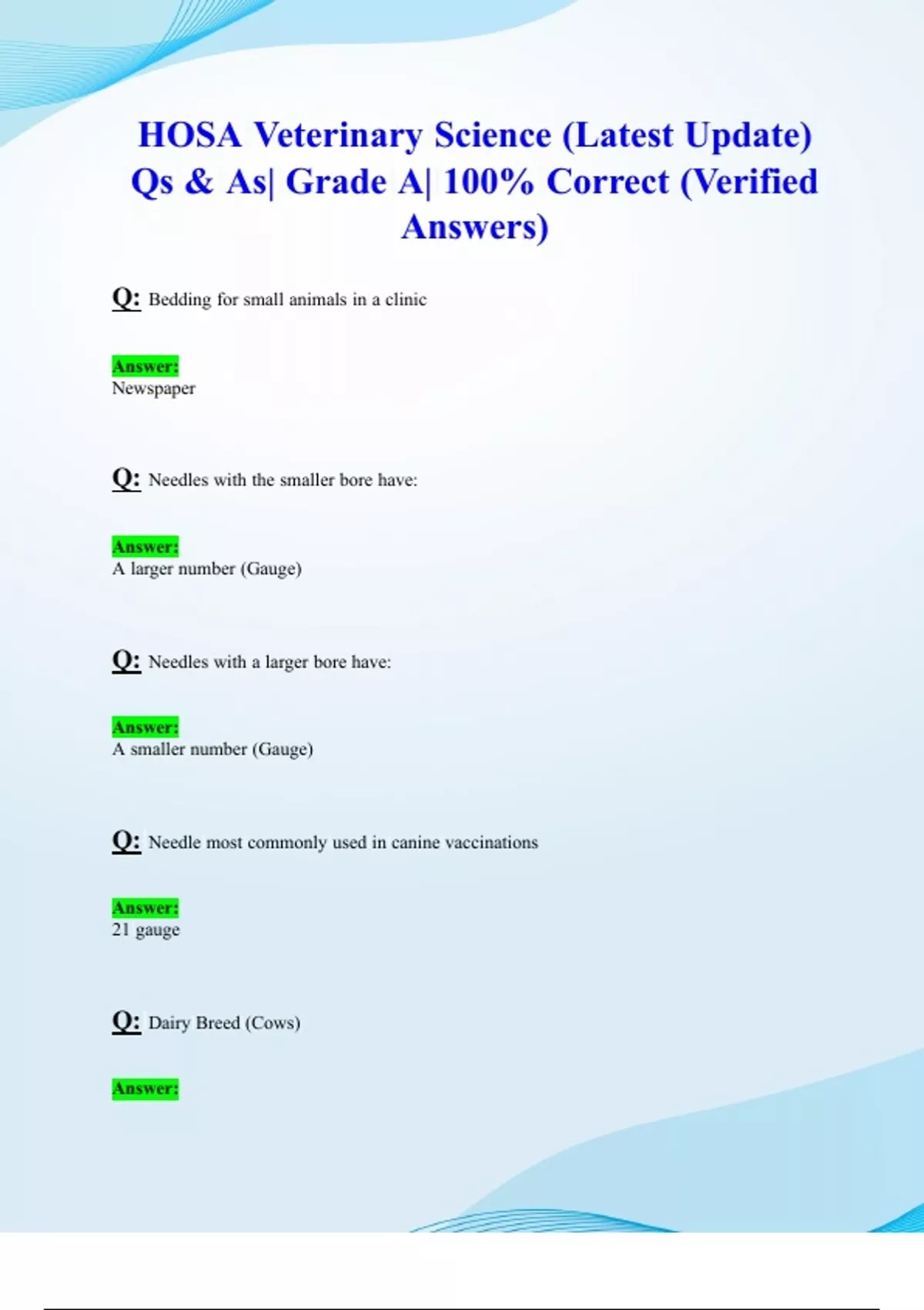 HOSA Veterinary Science (Latest 2024/ 2025 Update) Qs & As| Grade A ...