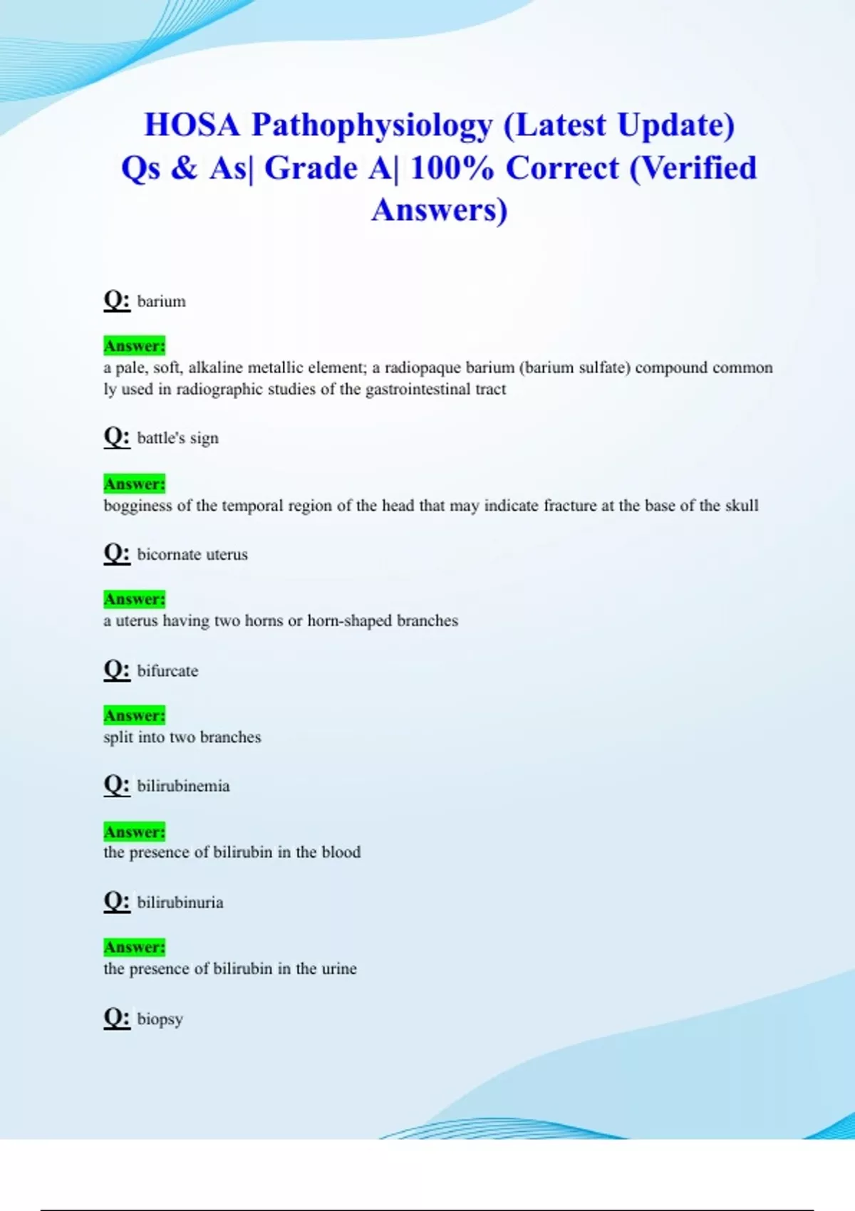 HOSA Pathophysiology (2024/ 2025 Update) Qs & As| Grade A| 100% Correct (Verified Answers ...