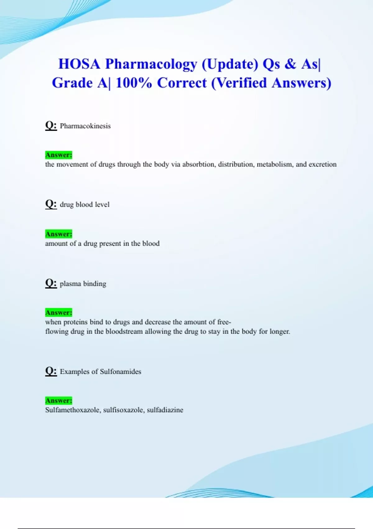 HOSA Pharmacology (2024/ 2025 Update) Qs & As| Grade A| 100% Correct ...