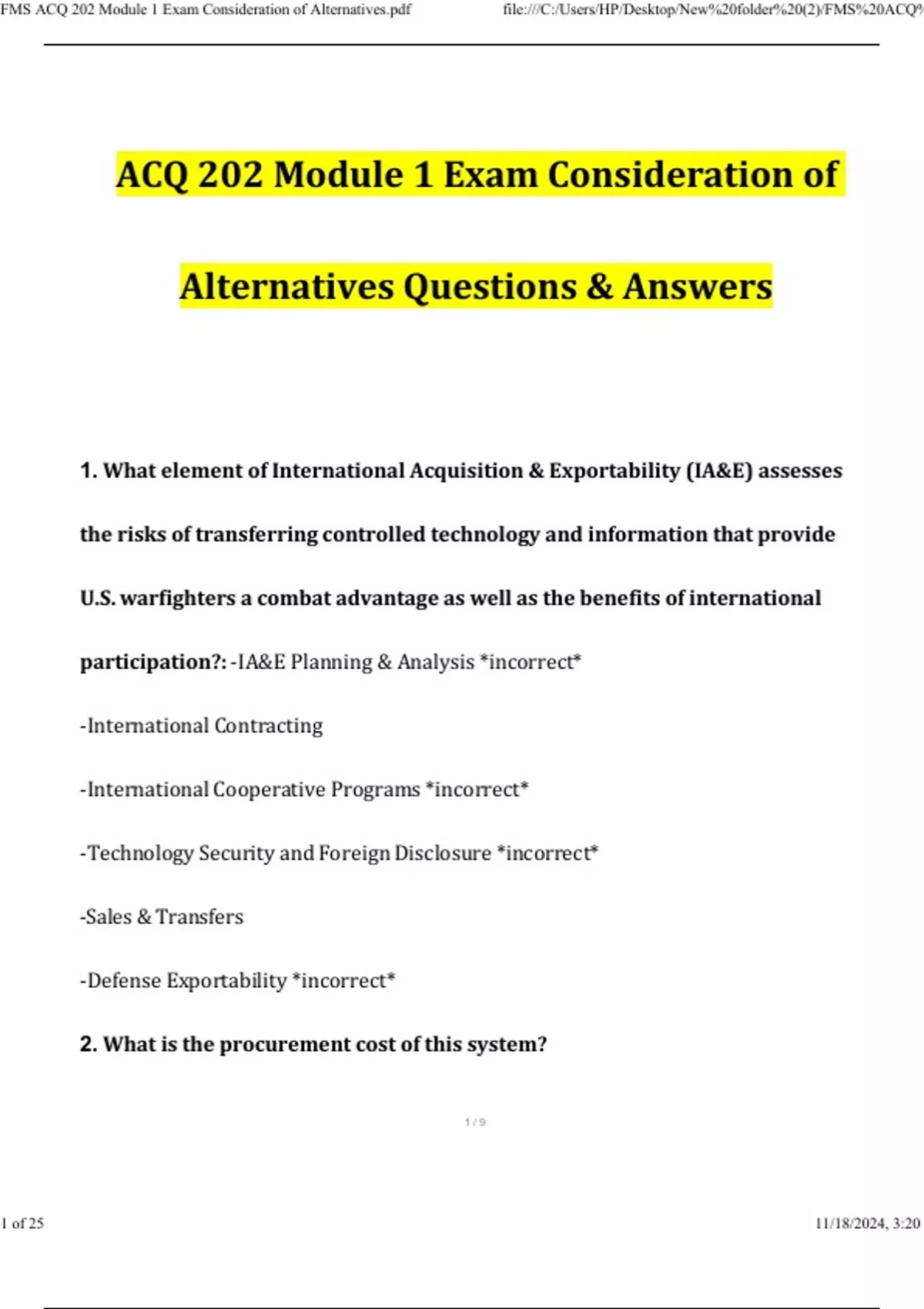 FMS ACQ 202 Module 1 Exam Consideration of Alternatives (2024 / 2025) Actual Questions and ...