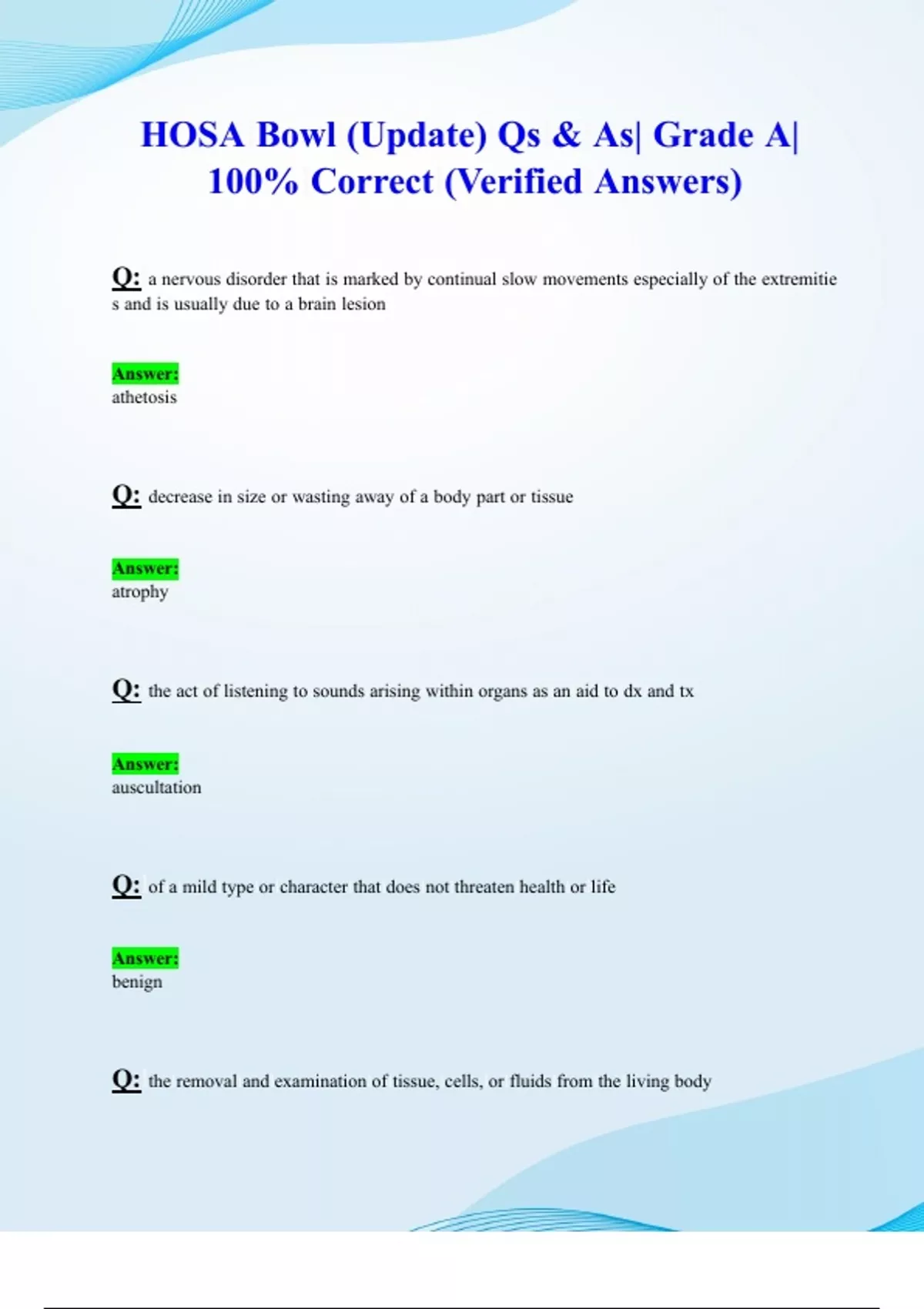HOSA Bowl (2024/ 2025 Update) Qs & As| Grade A| 100% Correct (Verified ...