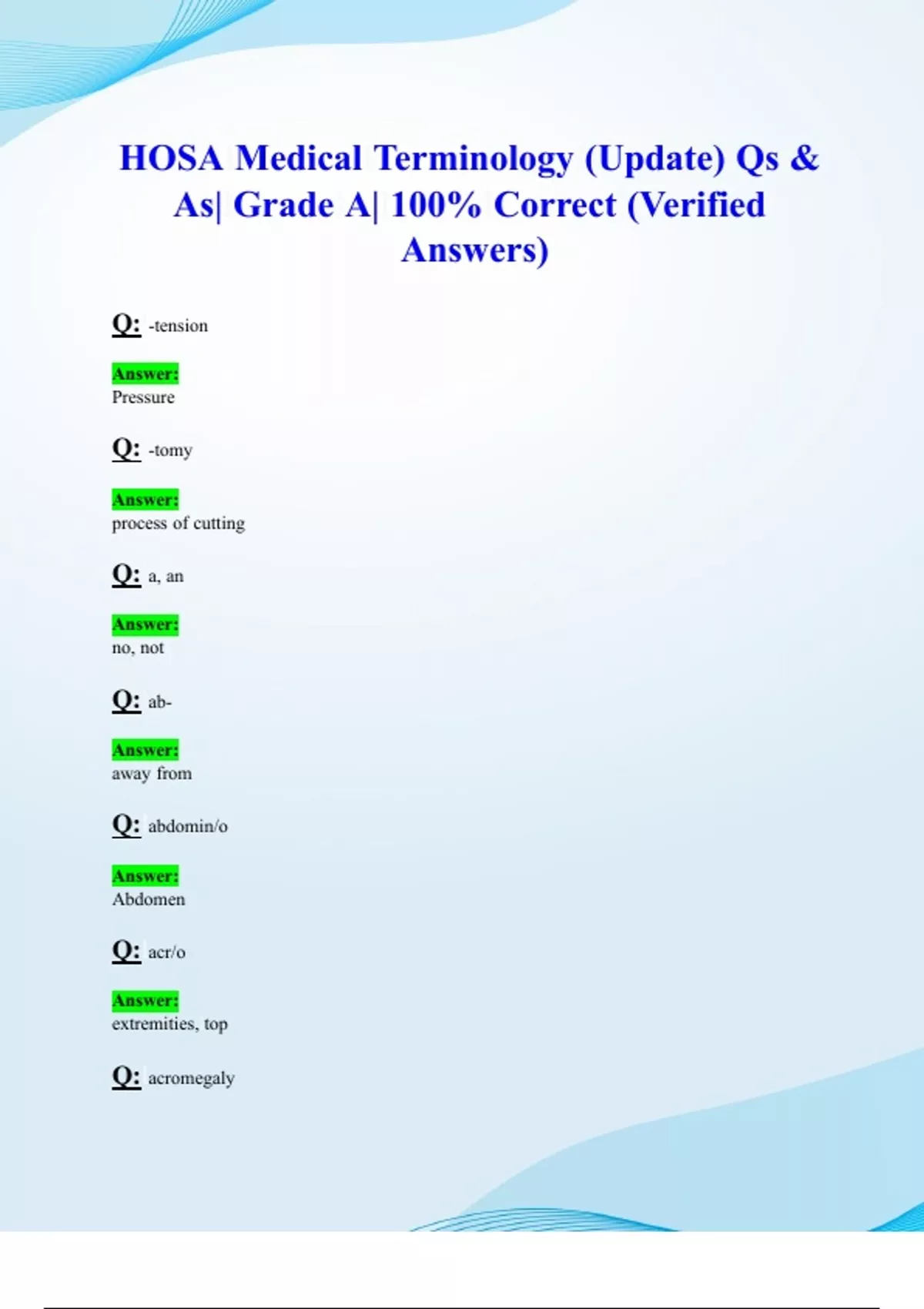 HOSA Medical Terminology (2024/ 2025 Update) Qs & As| Grade A| 100% ...
