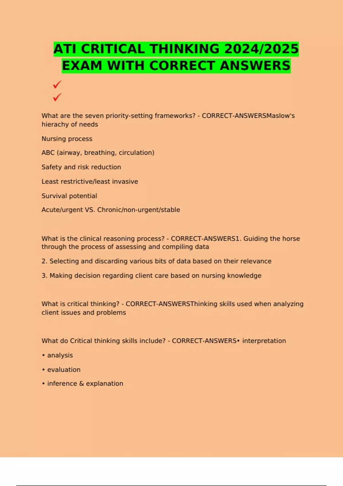 ATI CRITICAL THINKING 2024/2025 EXAM WITH CORRECT ANSWERS - ATI CRITICAL THINKING - Stuvia US