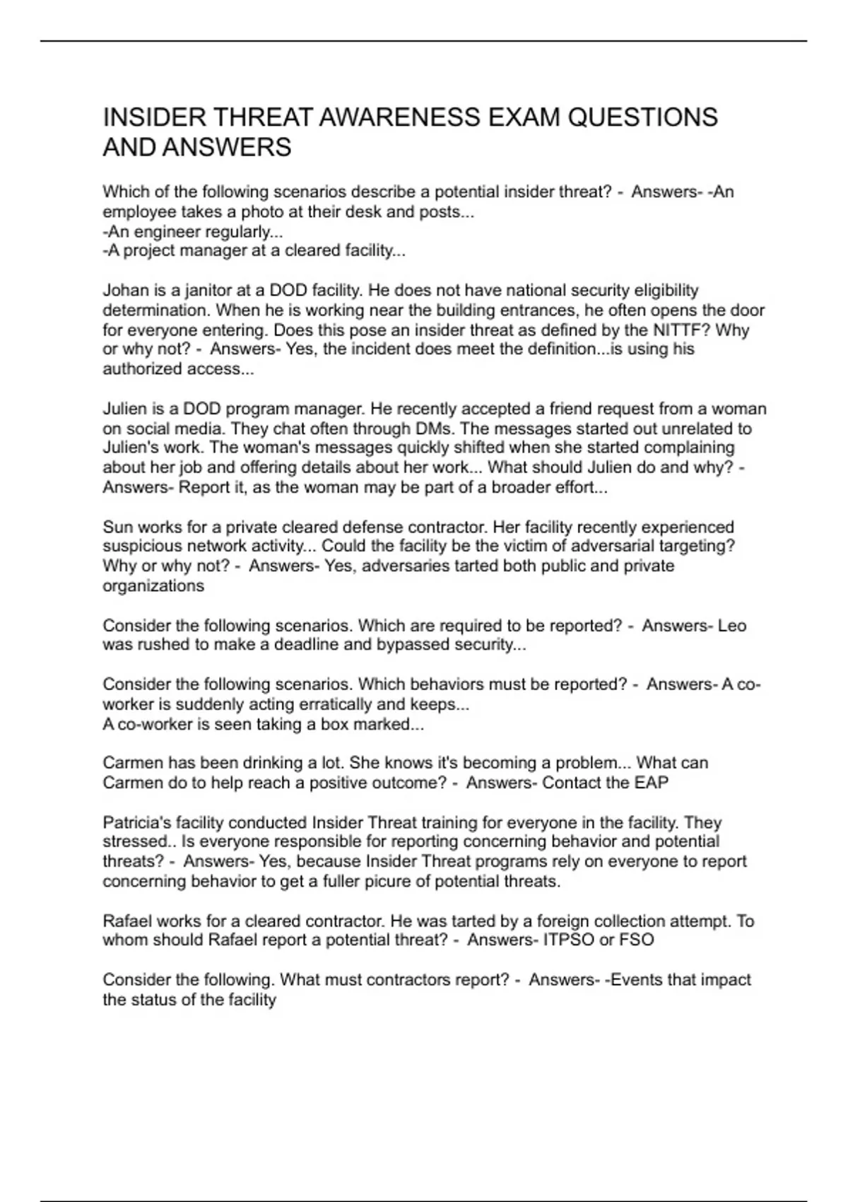 INSIDER THREAT AWARENESS EXAM QUESTIONS AND ANSWERS - INSIDER THREAT ...