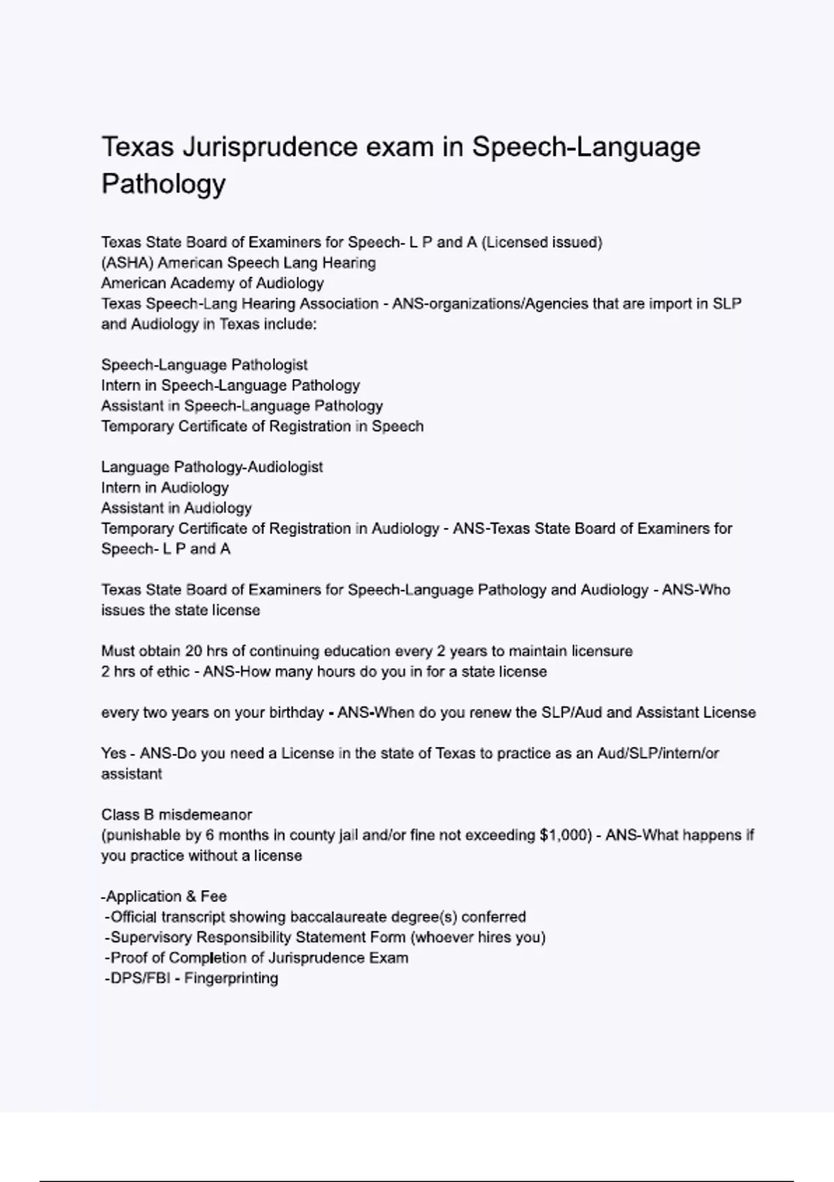 Texas Jurisprudence exam in Speech-Language Pathology. exam questions ...