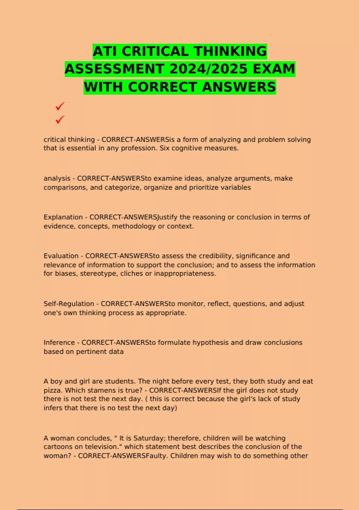 ATI CRITICAL THINKING ASSESSMENT 2024/2025 EXAM WITH CORRECT ANSWERS - ATI CRITICAL THINKING ...