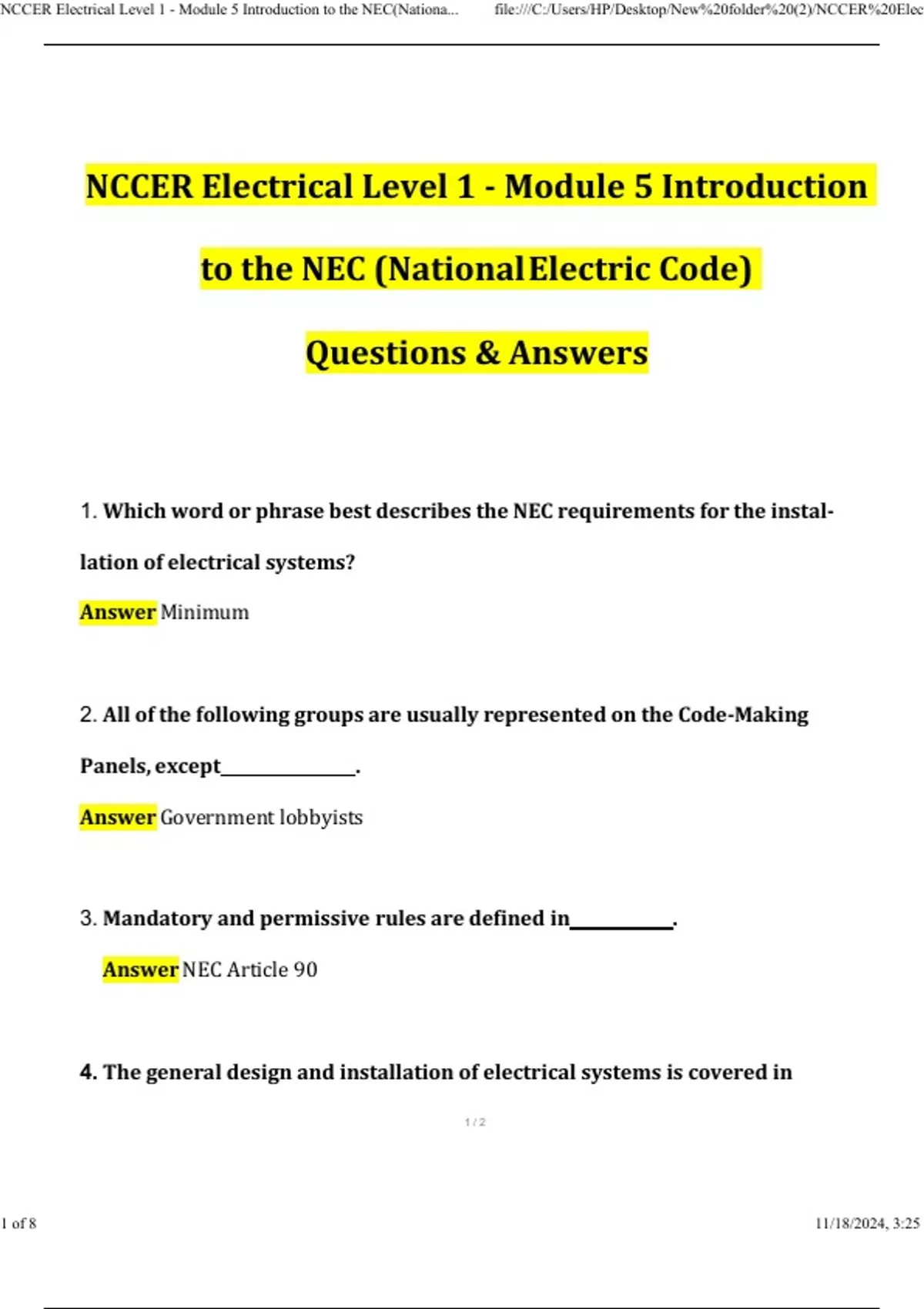 NCCER Electrical Level 1 - Module 5 Introduction to the NEC(National Electric Code) (2024 / 2025 ...