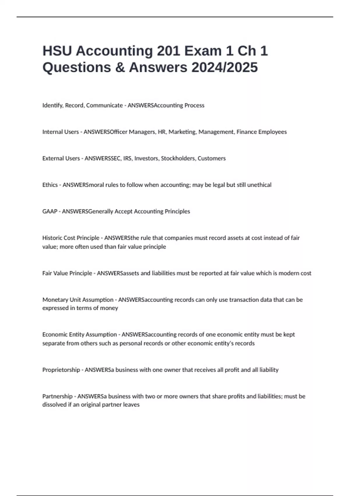 HSU Accounting 201 Exam 1 Ch 1 Questions & Answers 2024/2025 - HSU ...