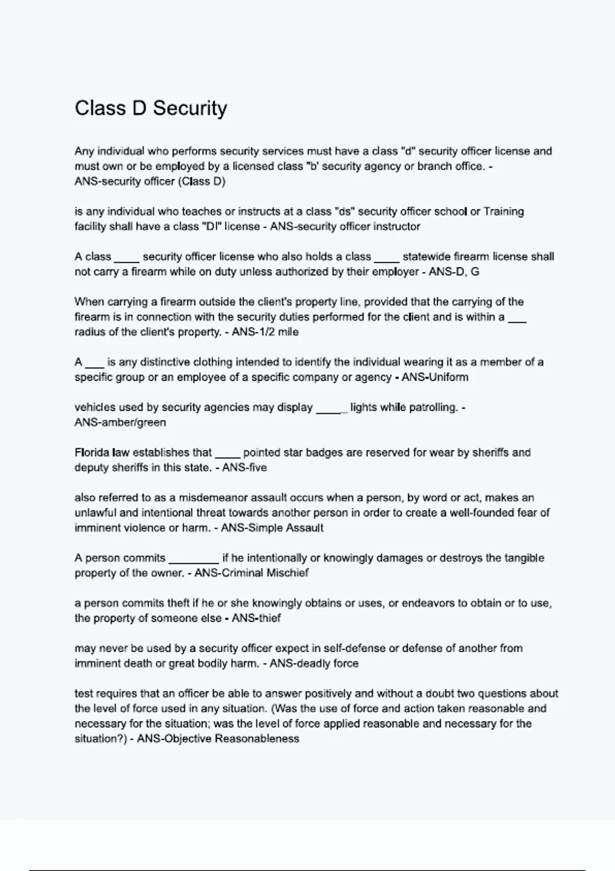 Class D Security exam questions with correct answers with complete A ...