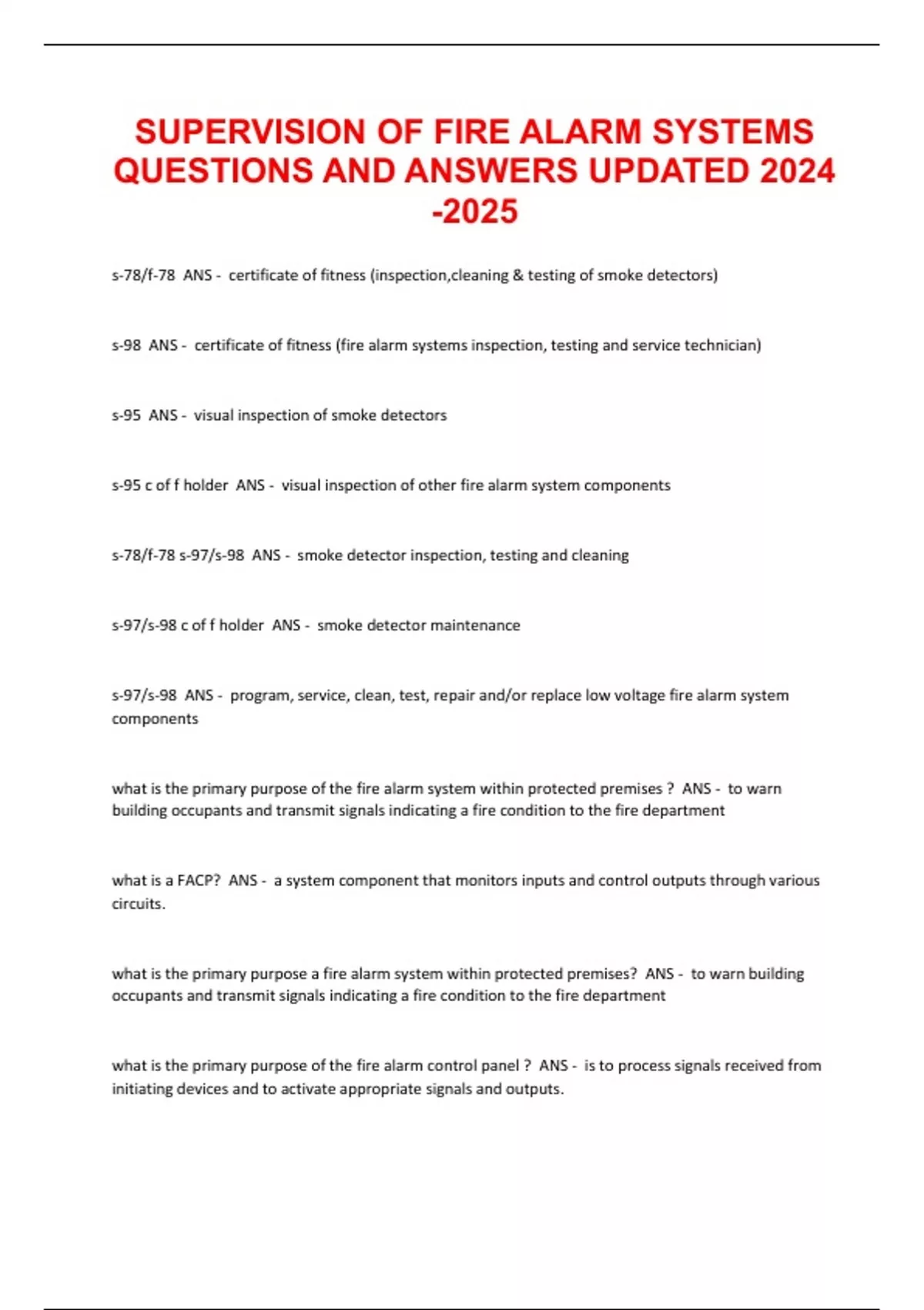 SUPERVISION OF FIRE ALARM SYSTEMS QUESTIONS AND ANSWERS UPDATED - FSDNY ...