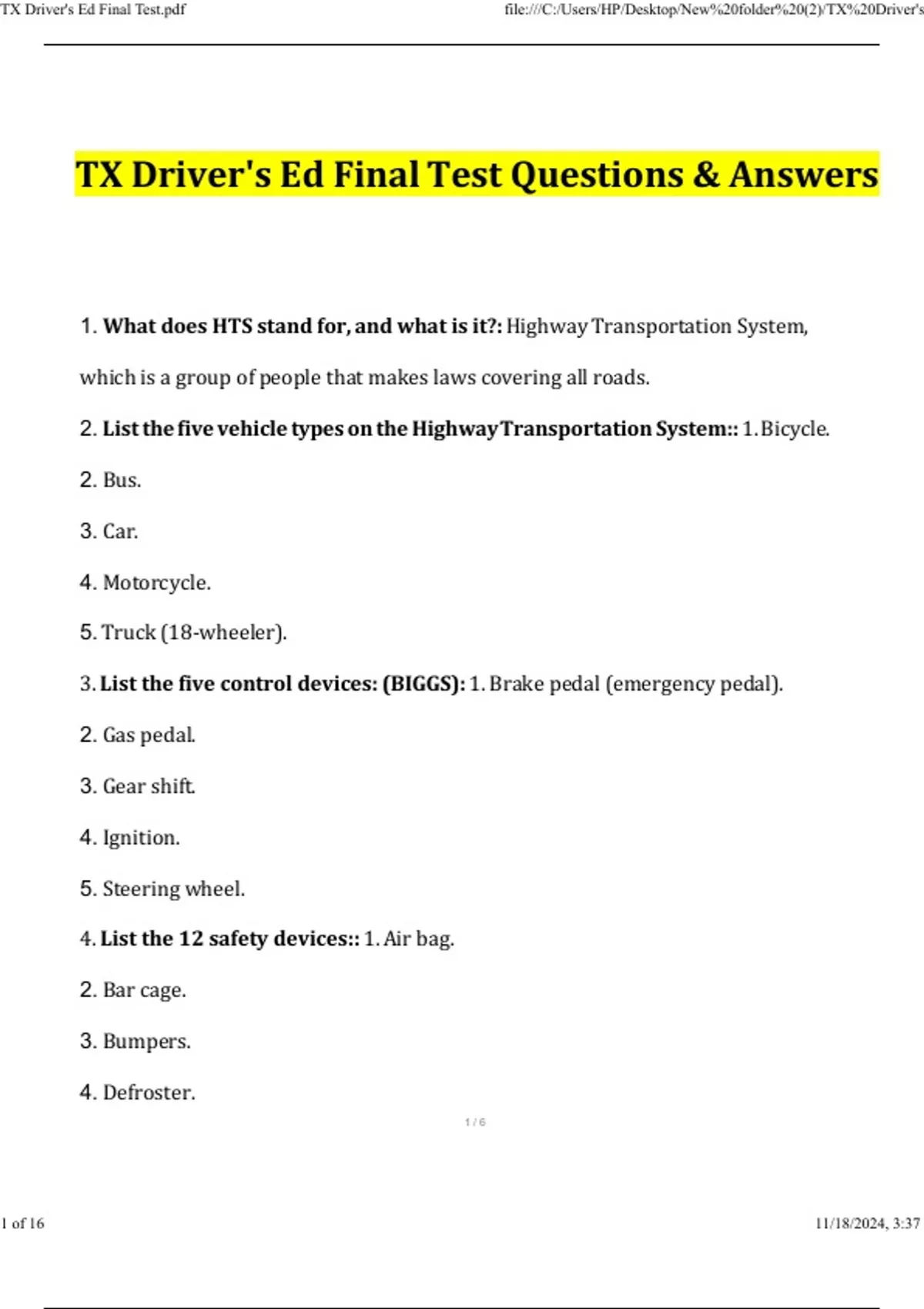 TX Driver-s Ed Final Test (2024 / 2025) Actual Questions and Verified ...
