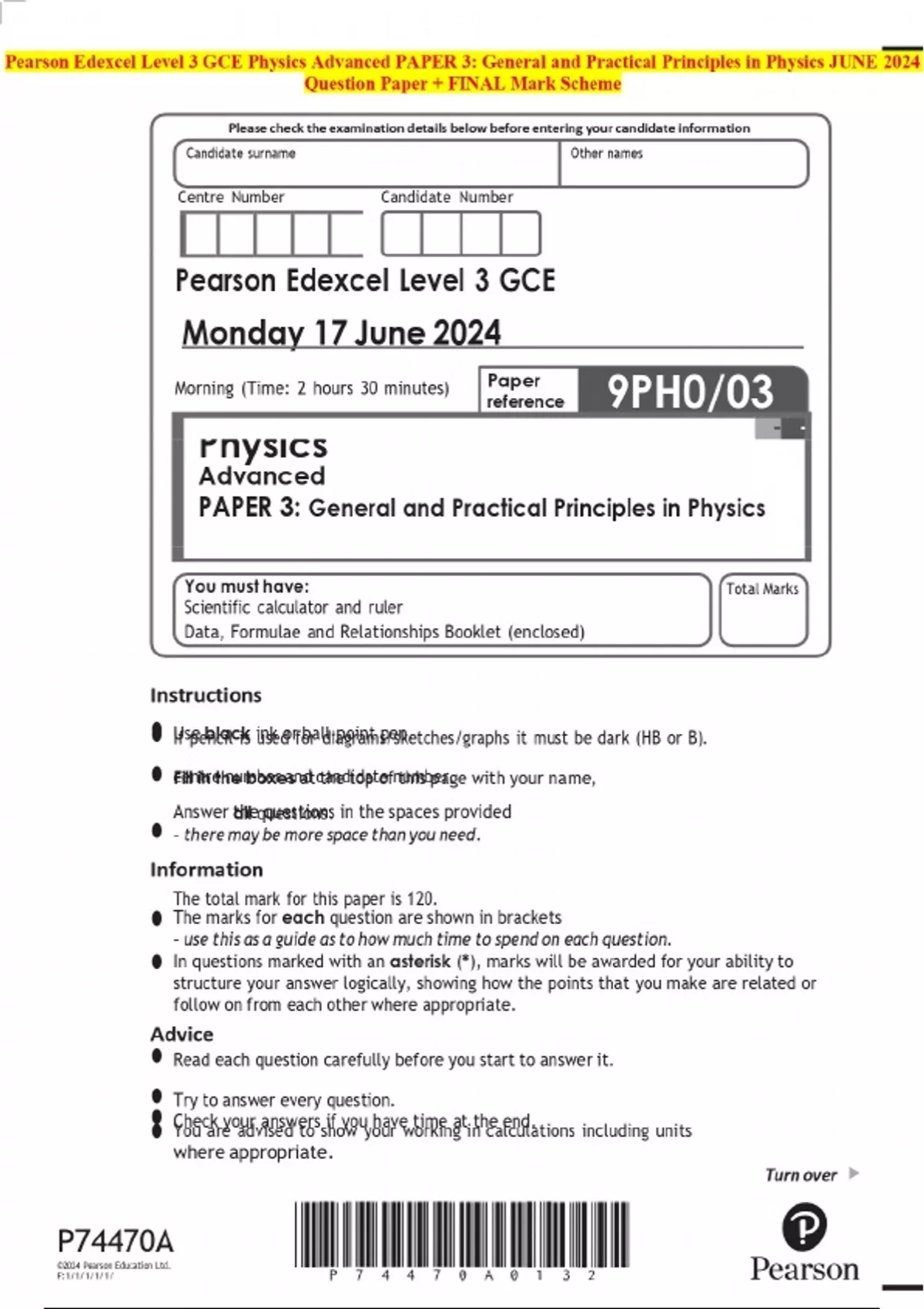 Pearson Edexcel Level 3 GCE Physics Advanced PAPER 3: General and ...