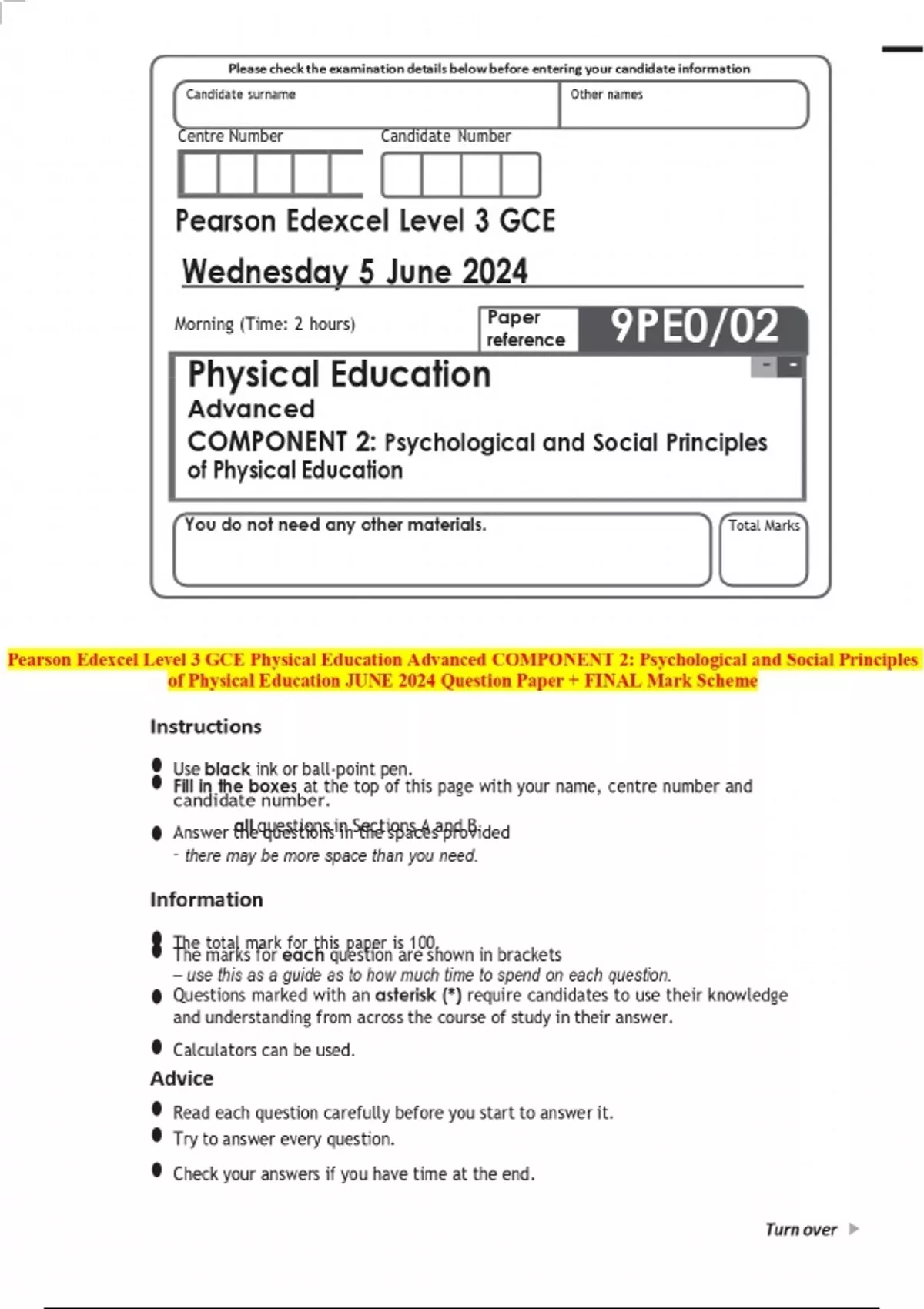 Pearson Edexcel Level 3 GCE Physical Education Advanced COMPONENT 2: Psychological and Social ...