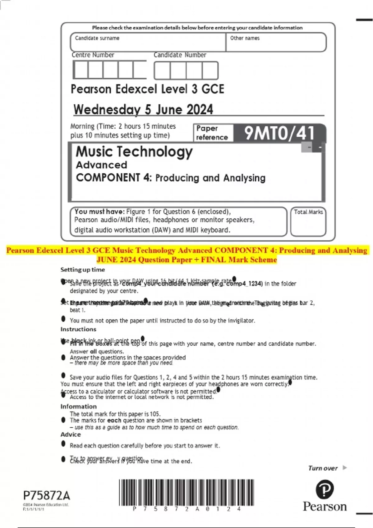 Pearson Edexcel Level 3 GCE Music Technology Advanced COMPONENT 4 ...