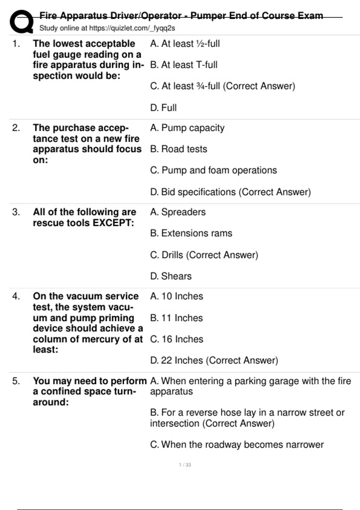 Fire Apparatus Driver - Operator - Pumper End of Course Exam Questions ...