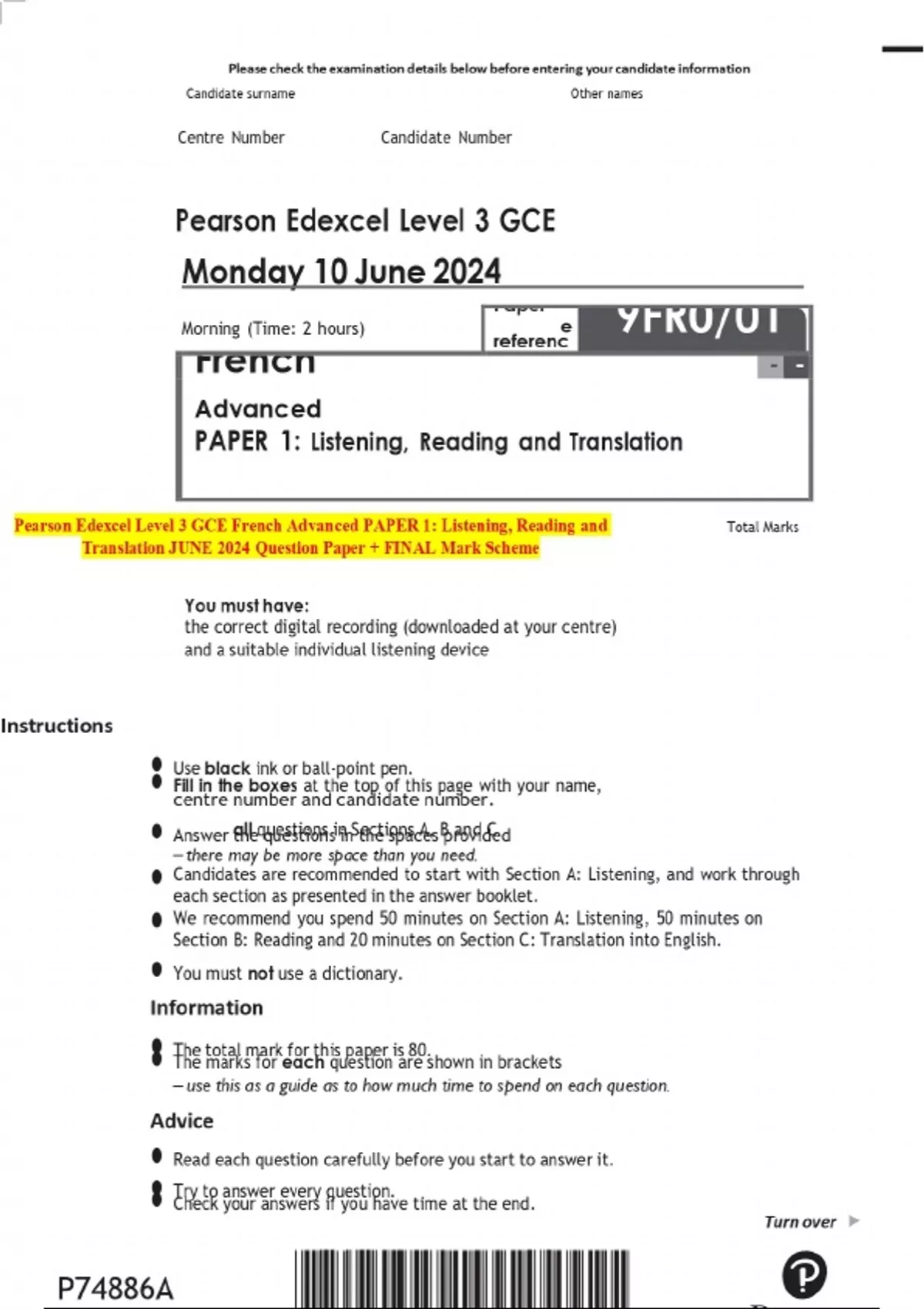 Pearson Edexcel Level 3 GCE French Advanced PAPER 1: Listening, Reading ...