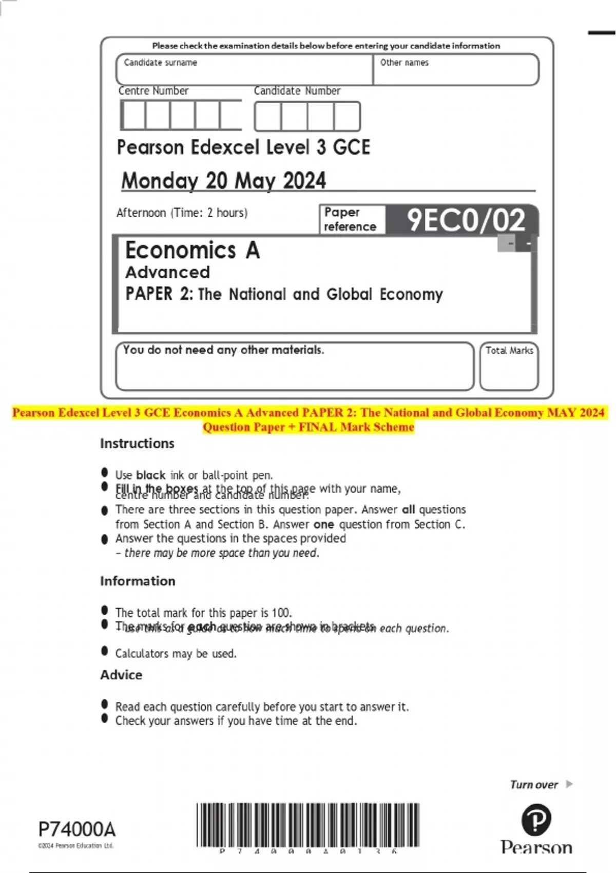 Pearson Edexcel Level 3 GCE Economics A Advanced PAPER 2: The National ...