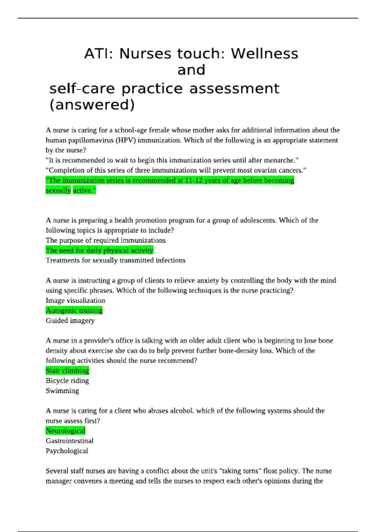 ATI Nurses touch- Wellness and self-care practice assessment (answered ...