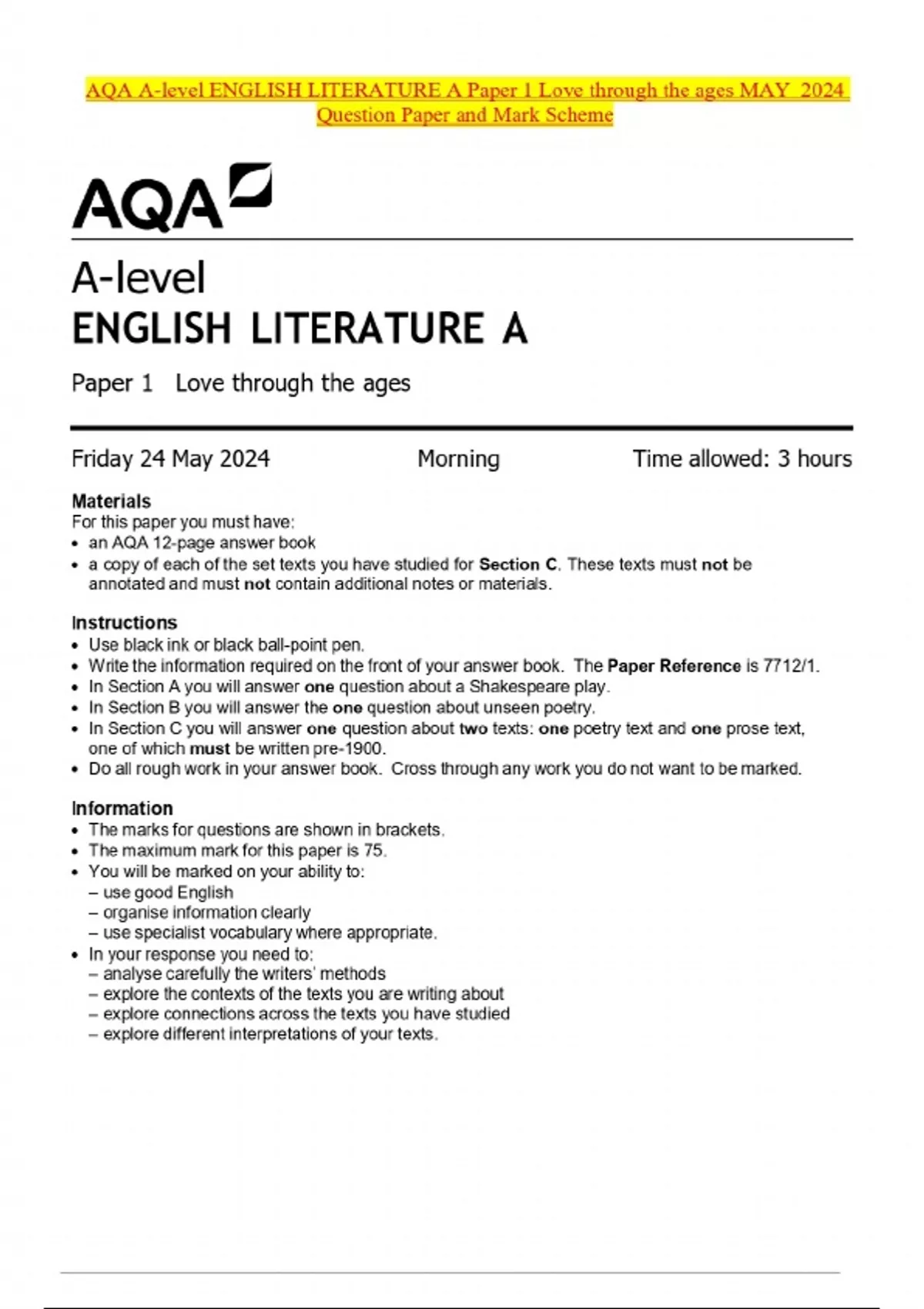 AQA A-level ENGLISH LITERATURE A Paper 1 Love through the ages MAY 2024 Question Paper and Mark ...