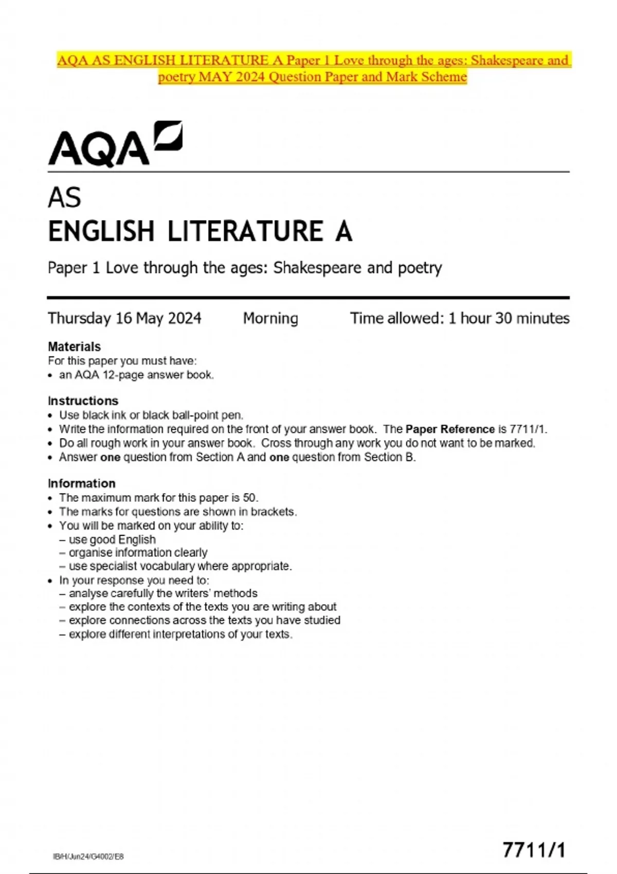 AQA AS ENGLISH LITERATURE A Paper 1 Love through the ages: Shakespeare ...