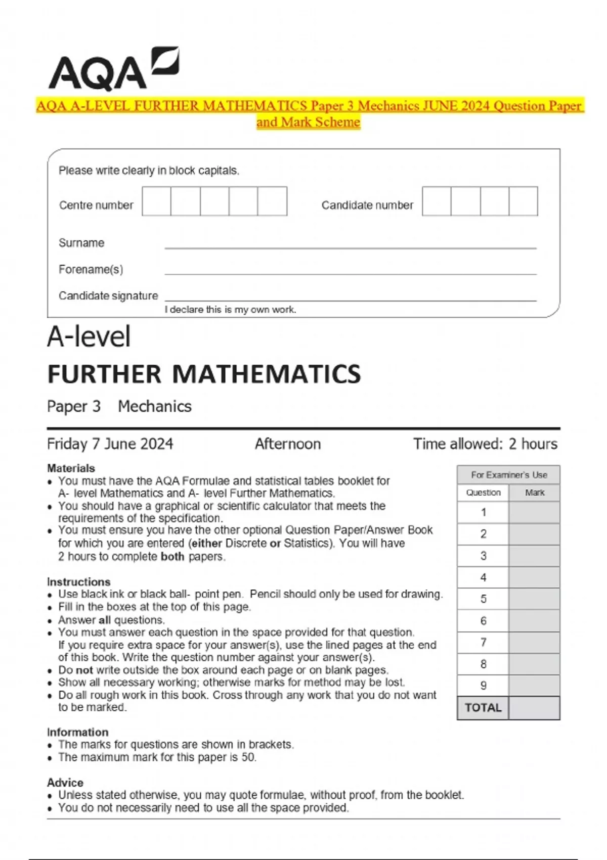 AQA A-LEVEL FURTHER MATHEMATICS Paper 3 Mechanics JUNE 2024 Question ...
