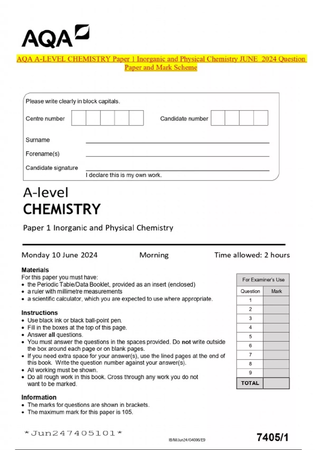 BUNDLED AQA A-LEVEL CHEMISTRY Paper 1 2 & 3 Inorganic and Physical ...