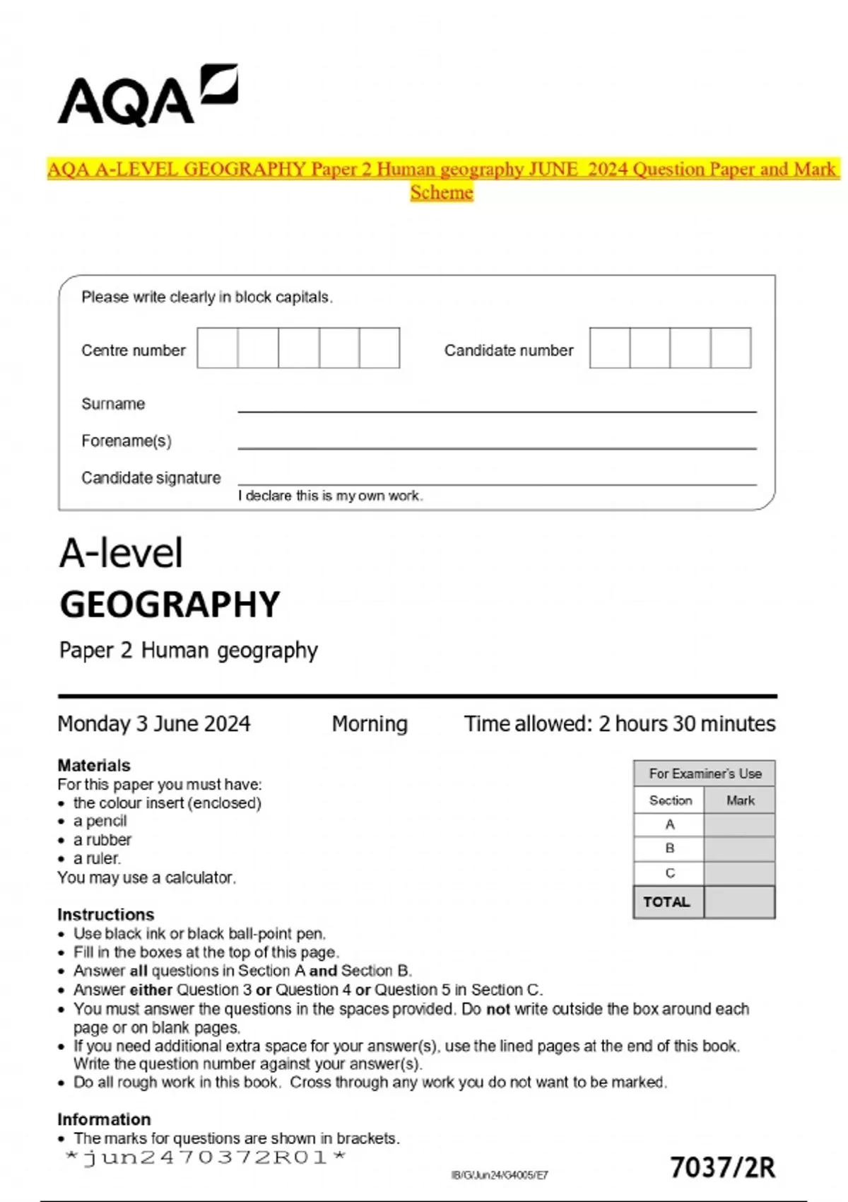 AQA A-LEVEL GEOGRAPHY Paper 2 Human geography JUNE 2024 Question Paper ...