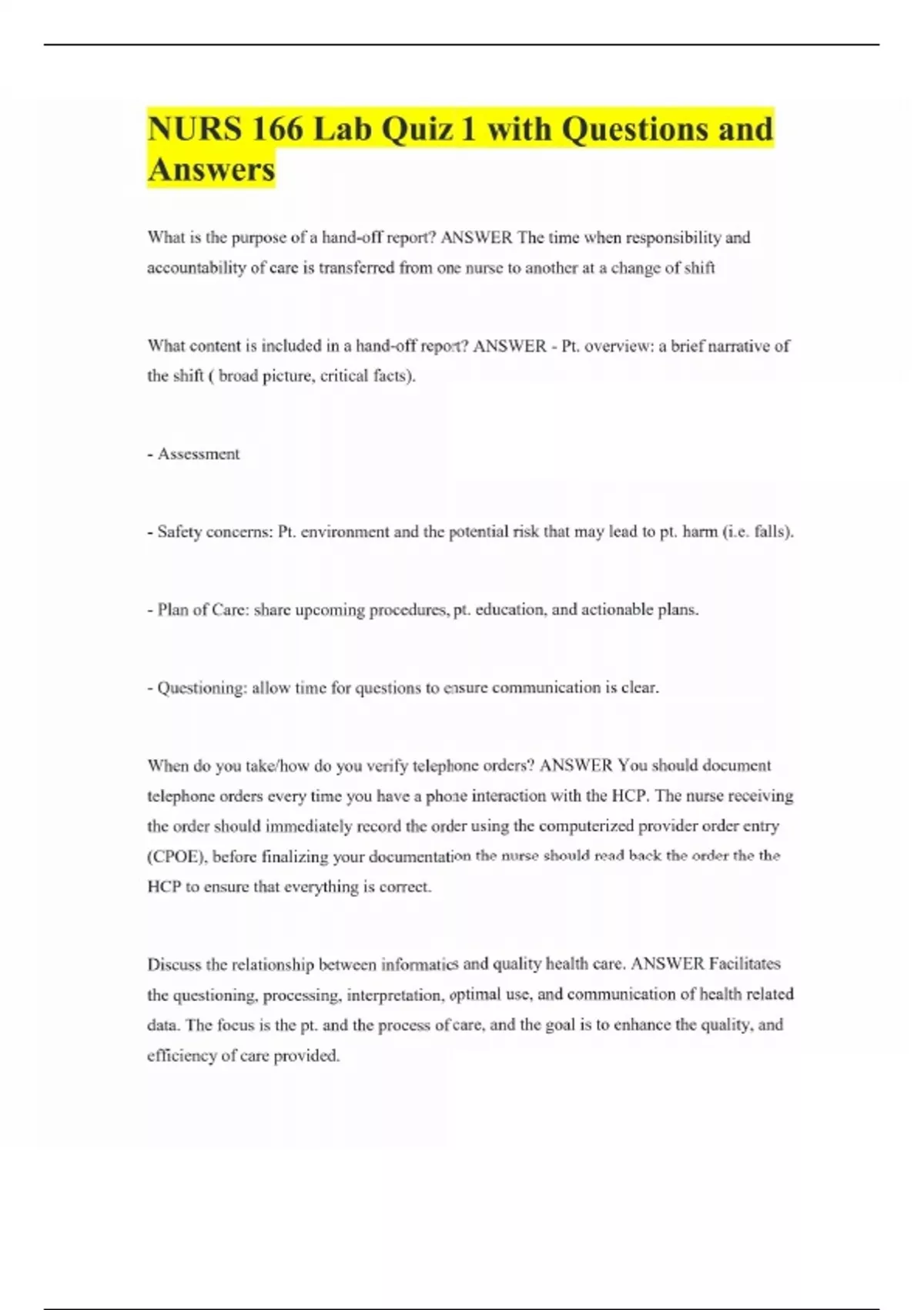 NURS 166 Lab Quiz 1 with Questions and Answers - NURS 166 - Stuvia US