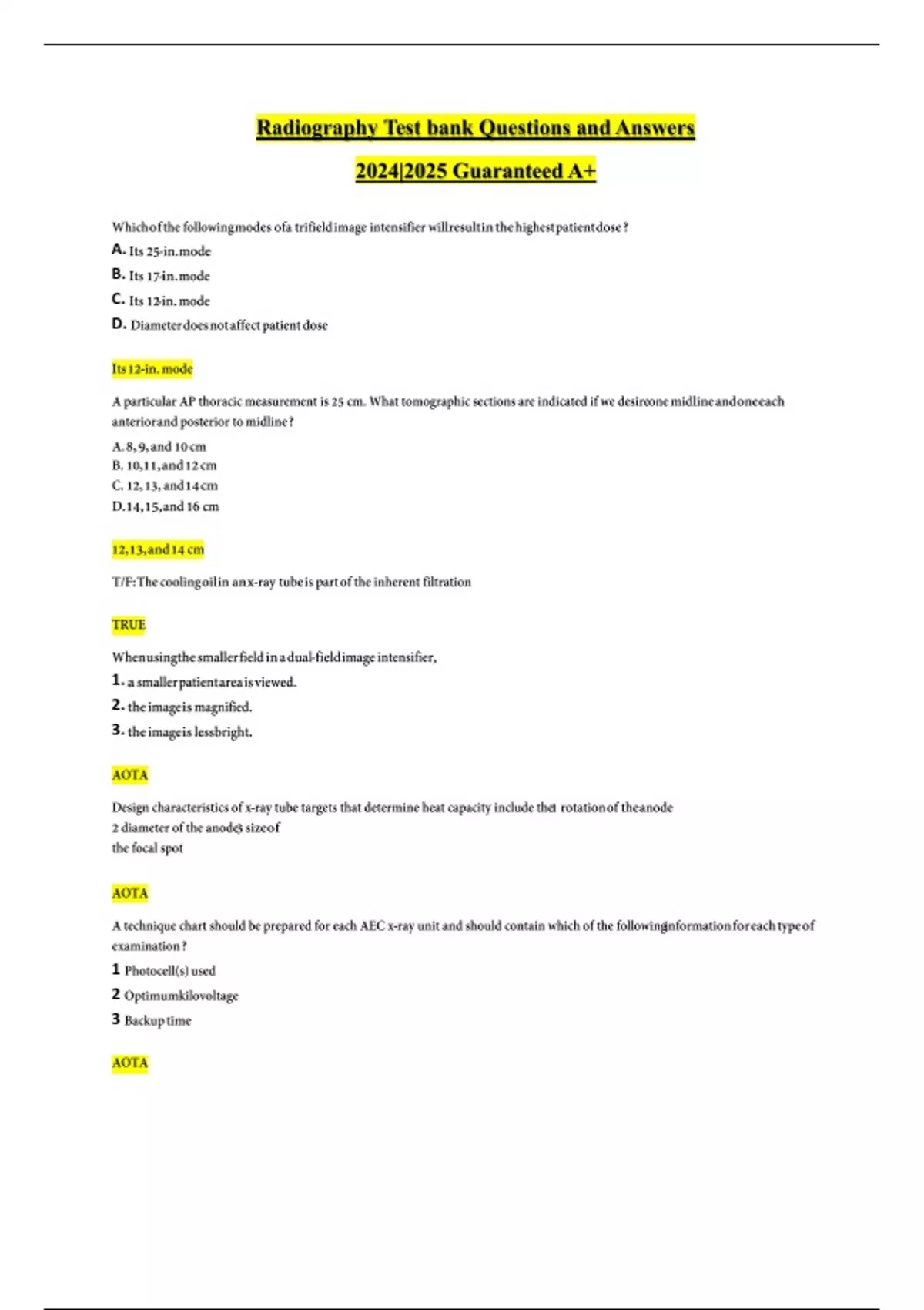 Radiography Test bank Questions and Answers 2024|2025 Guaranteed A+ ...