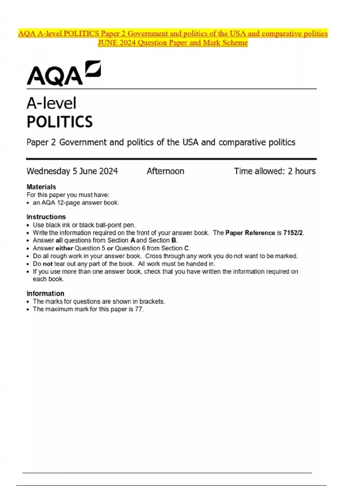 AQA A-level POLITICS Paper 2 Government and politics of the USA and ...