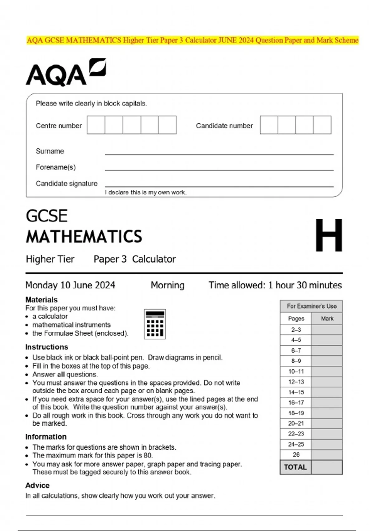 AQA GCSE MATHEMATICS Higher Tier Paper 3 Calculator JUNE 2024 Question ...