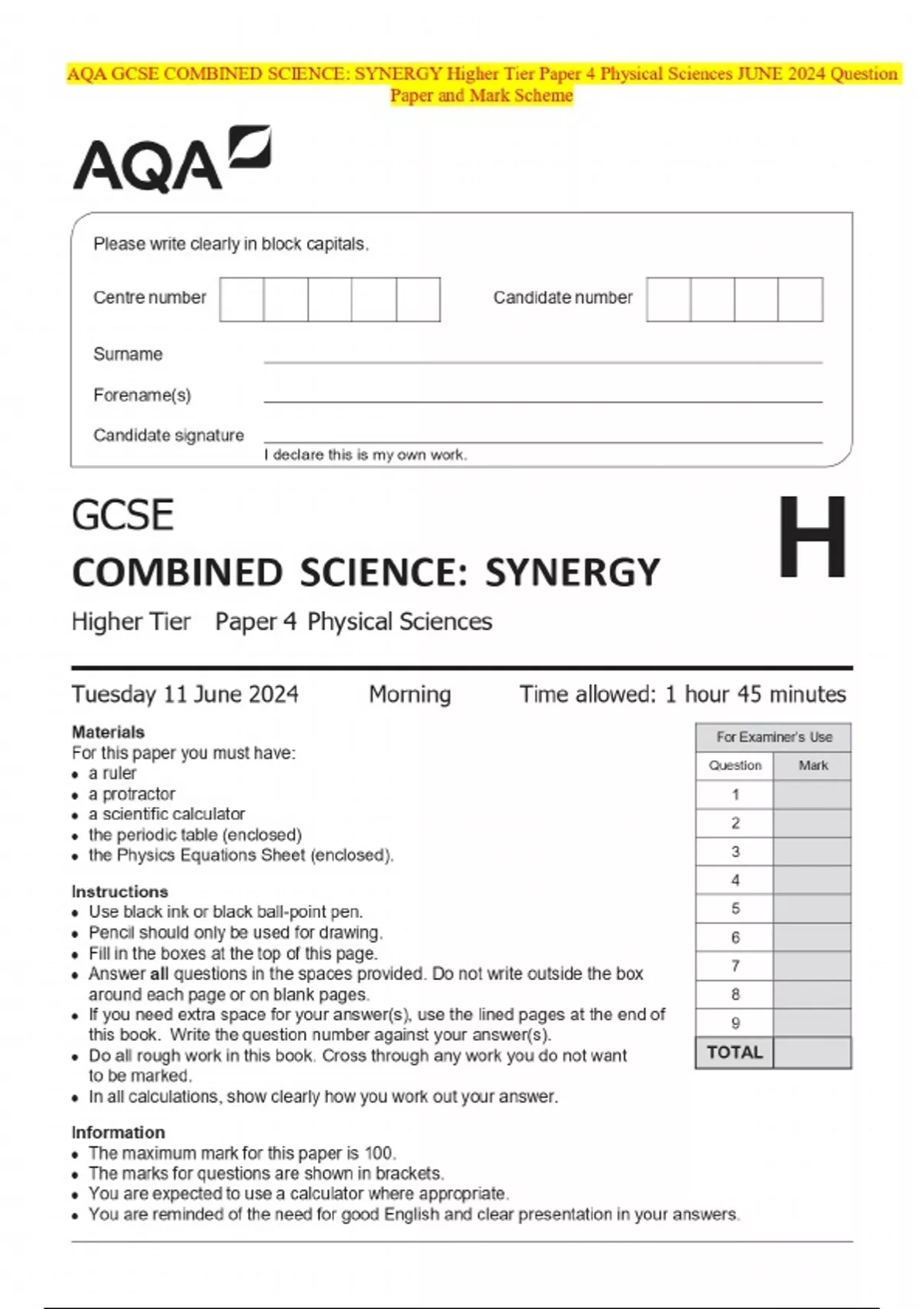 AQA GCSE COMBINED SCIENCE: SYNERGY Higher Tier Paper 4 Physical ...
